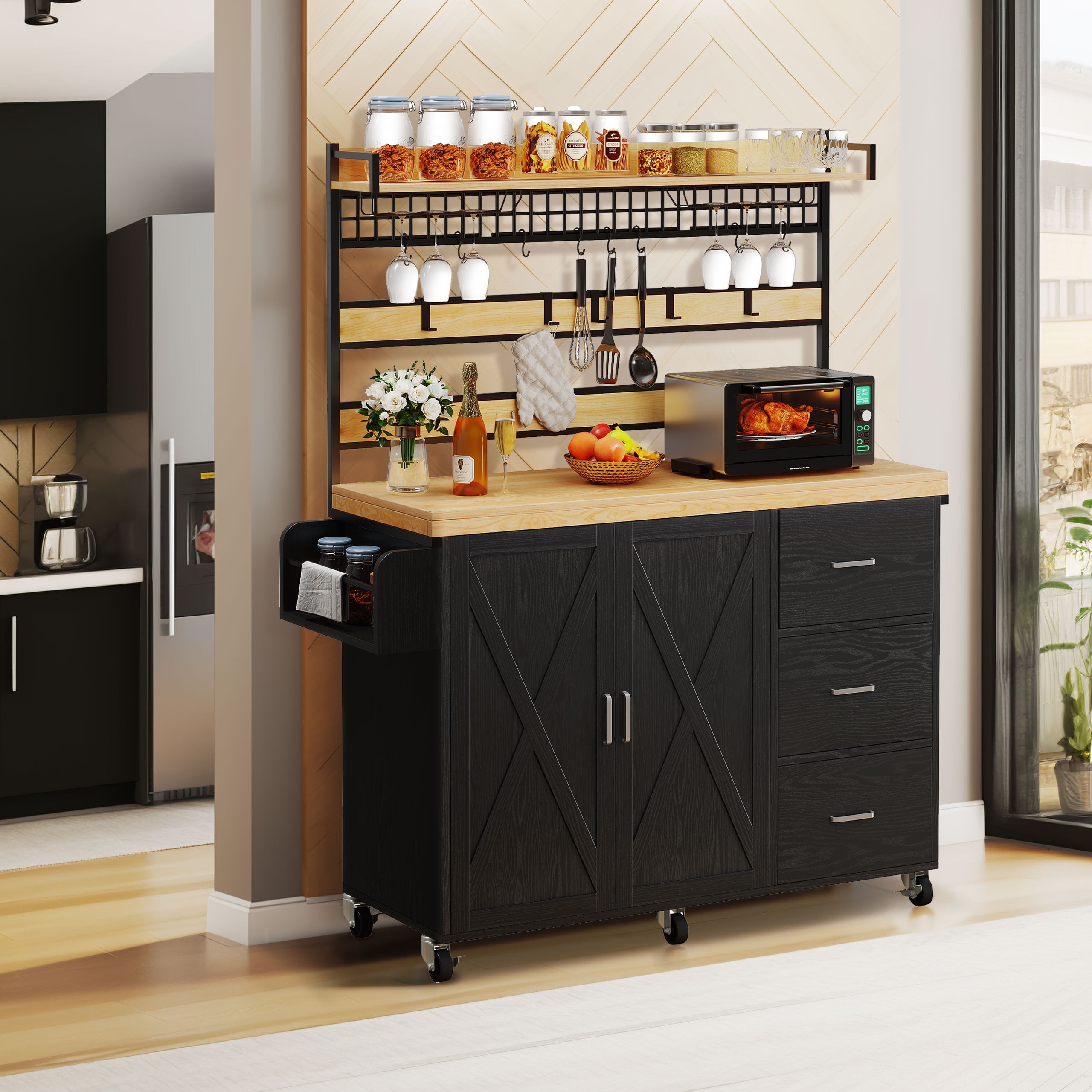 Uforic 64.5"H Kitchen Bakers Rack with Storage Drawers & Hooks, Rolling ...