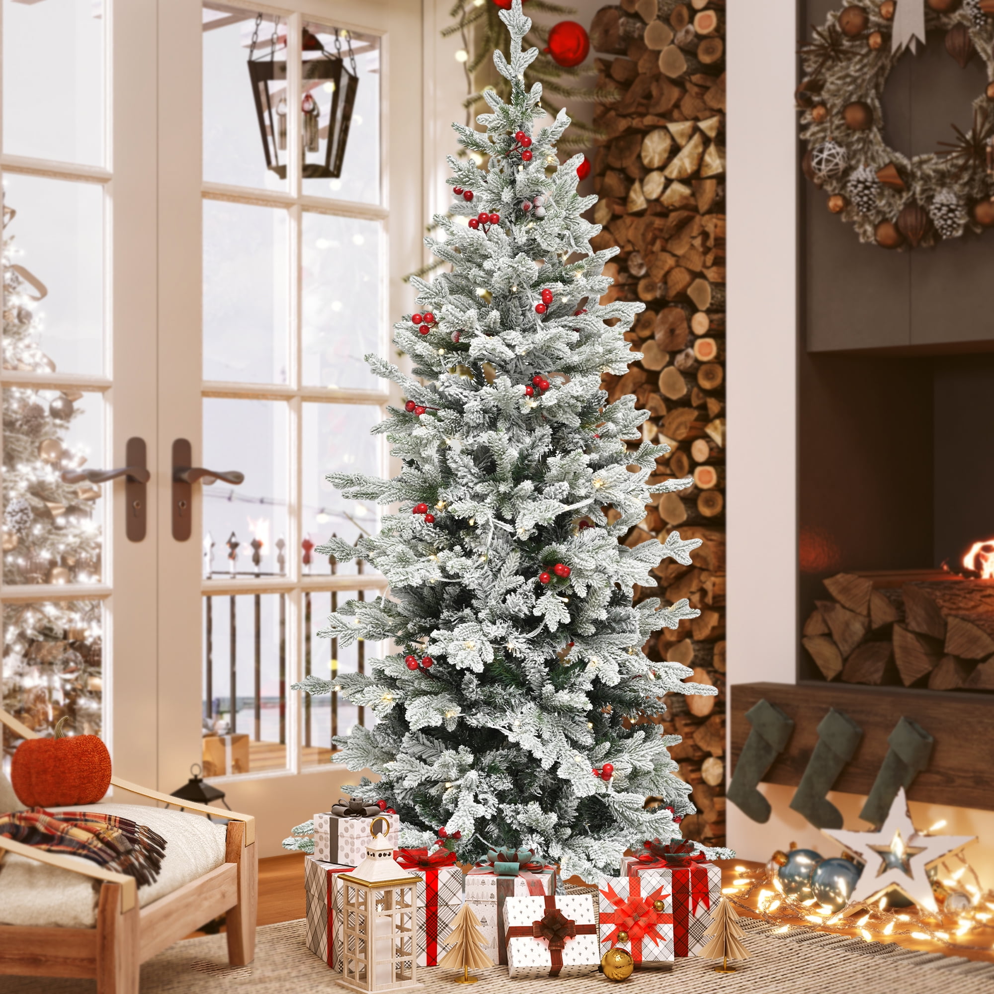 Free Shipping! Uforic 6FT Pre-Lit Flocked Arctic Fir Pencil Tree with ...