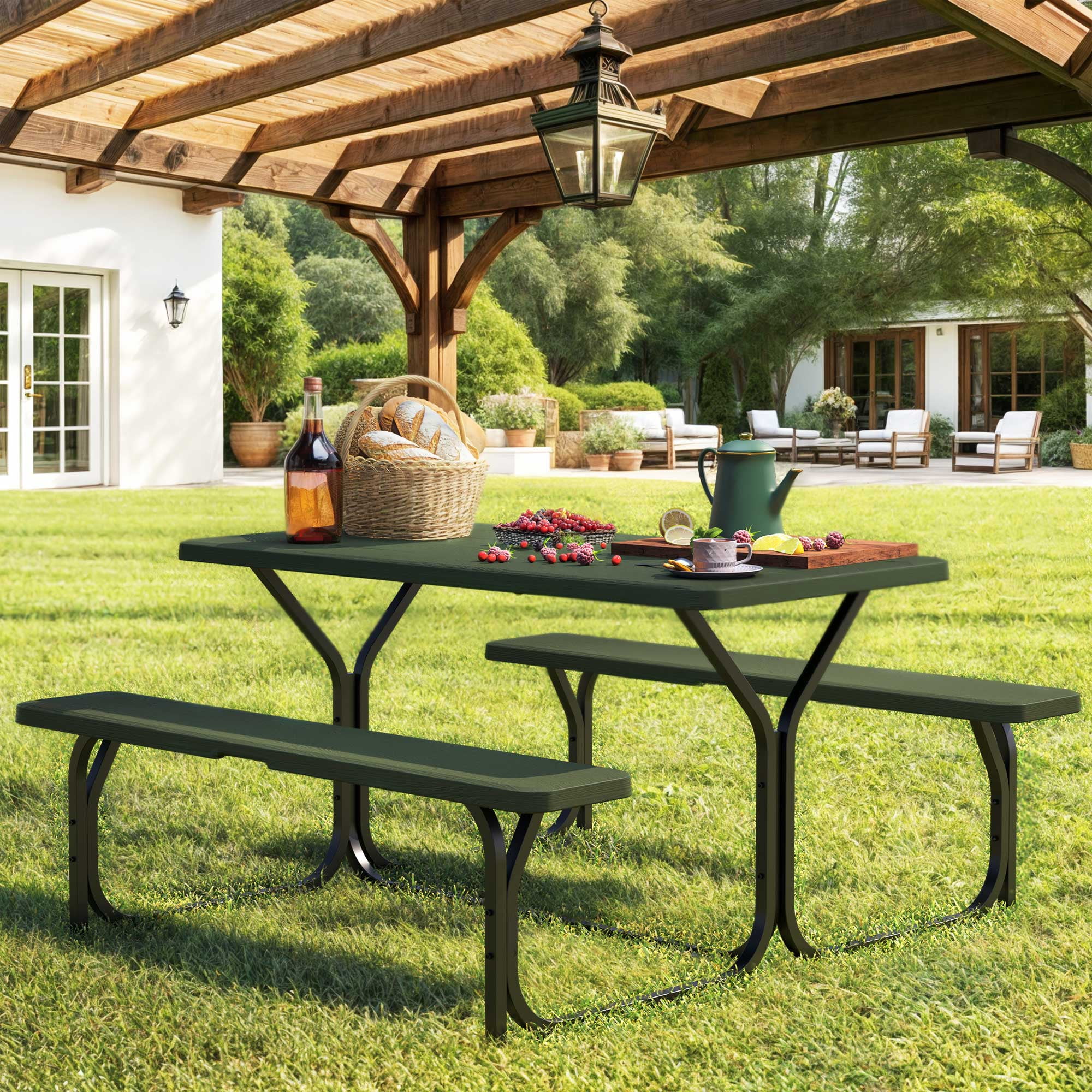 Uforic 6ft Outdoor Picnic Table Set with Benches, Sturdy Steel Frame ...