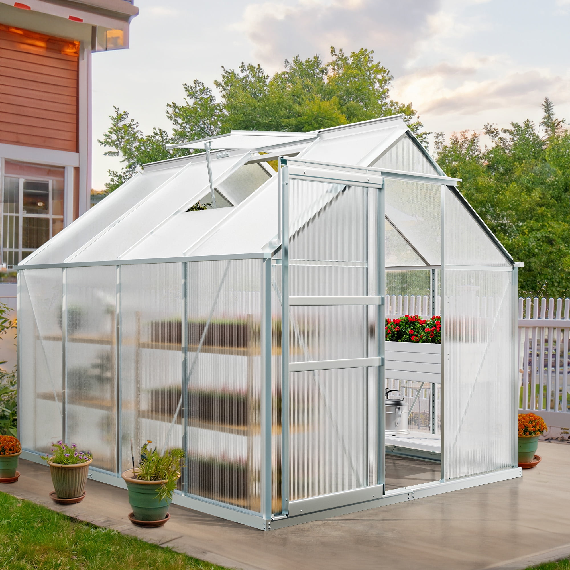 Uforic 6x8FT Superior Aluminum Silver Walk-in Greenhouse with Sliding ...