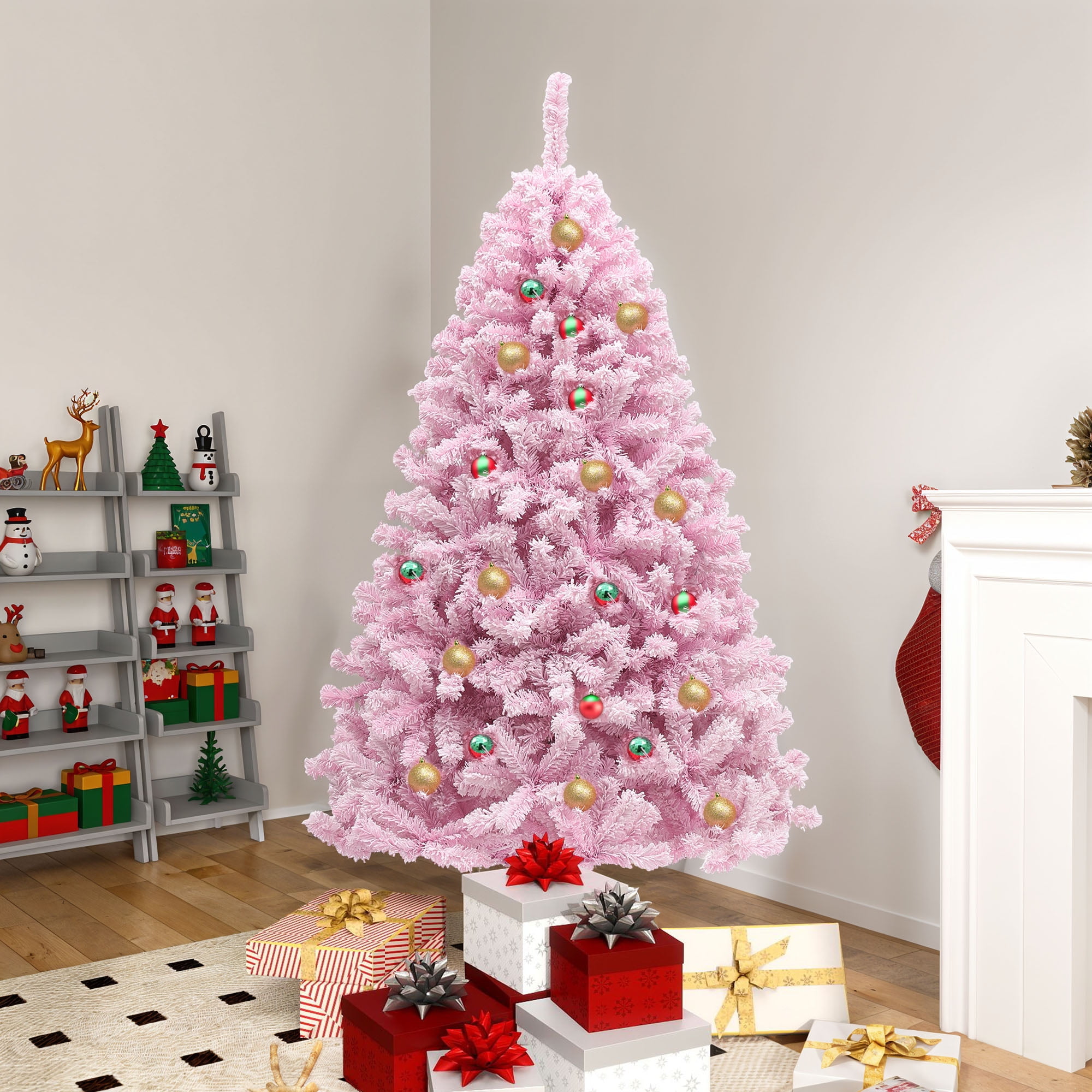 Uforic 7.5ft Pre-Lit Pink Artificial Christmas Tree, Flocked Spruce ...
