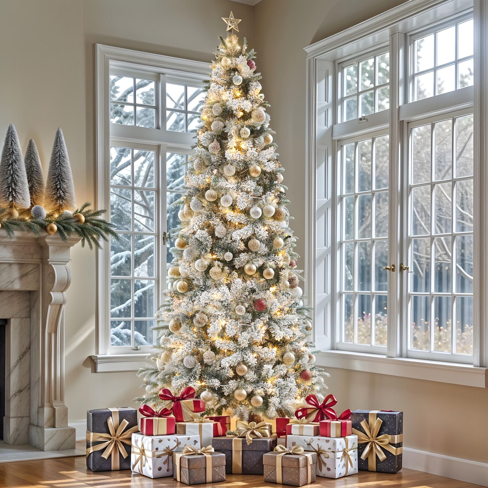 Uforic 7.5ft Pre-lit Snow Flocked Pencil Christmas Tree with 1000 ...