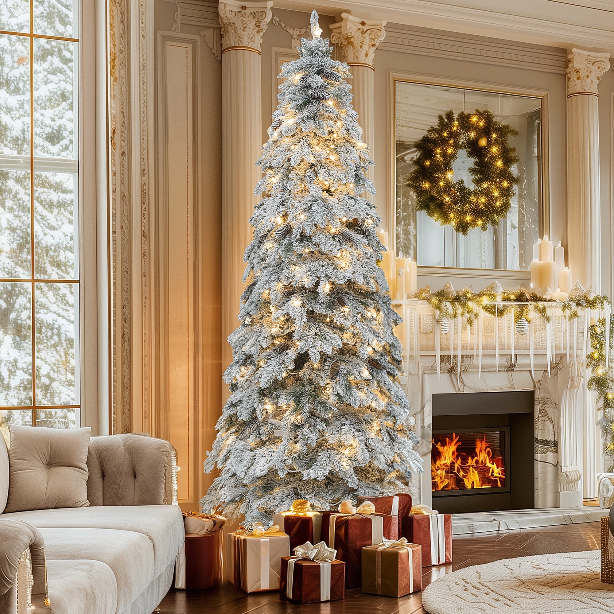 Uforic 7.5ft Snow Flocked Pencil Spruce Artificial Christmas Tree with ...