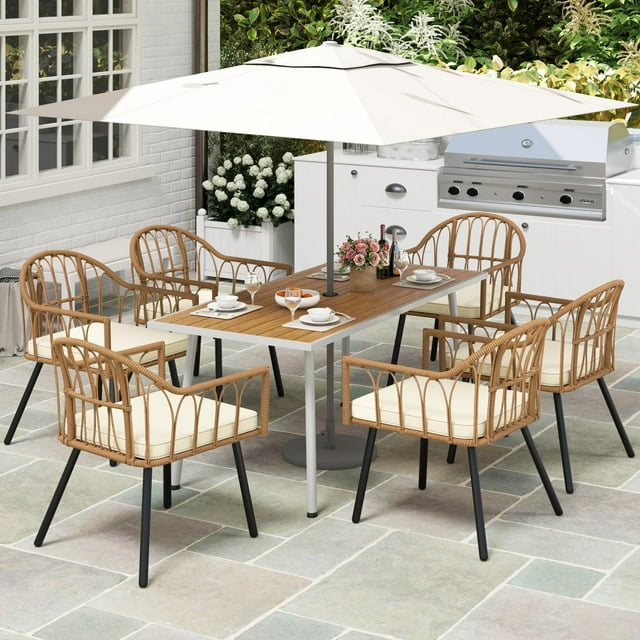 Uforic 7 Pieces Outdoor Patio Dining Table Set, 6 Rattan Wicker Dining ...