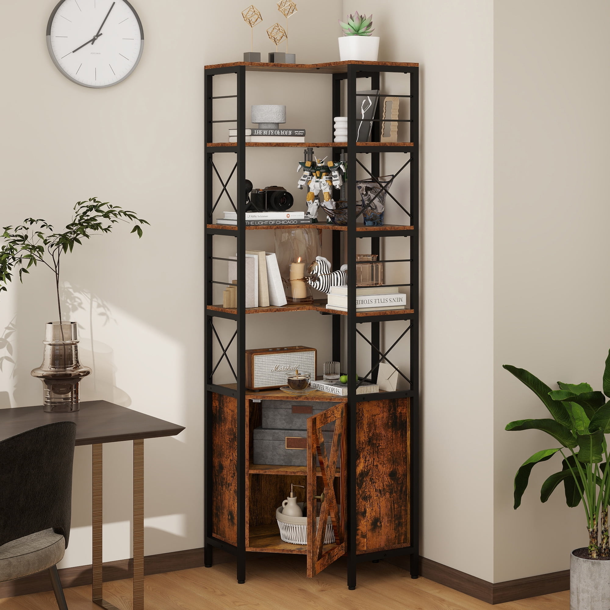 Uforic 7 Shelf Corner Bookcase with Door, Rustic Brown, Modern Storage ...