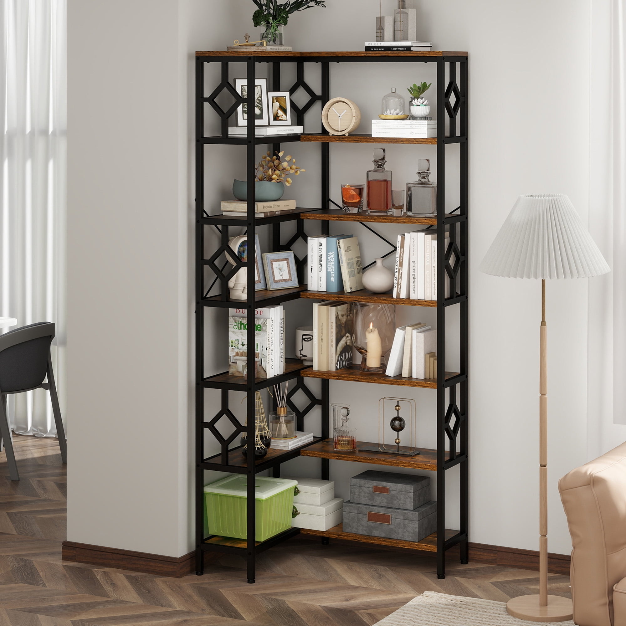 Uforic 7 Tier Bookshelf, Tall Corner Bookshelf with Metal Frame ...