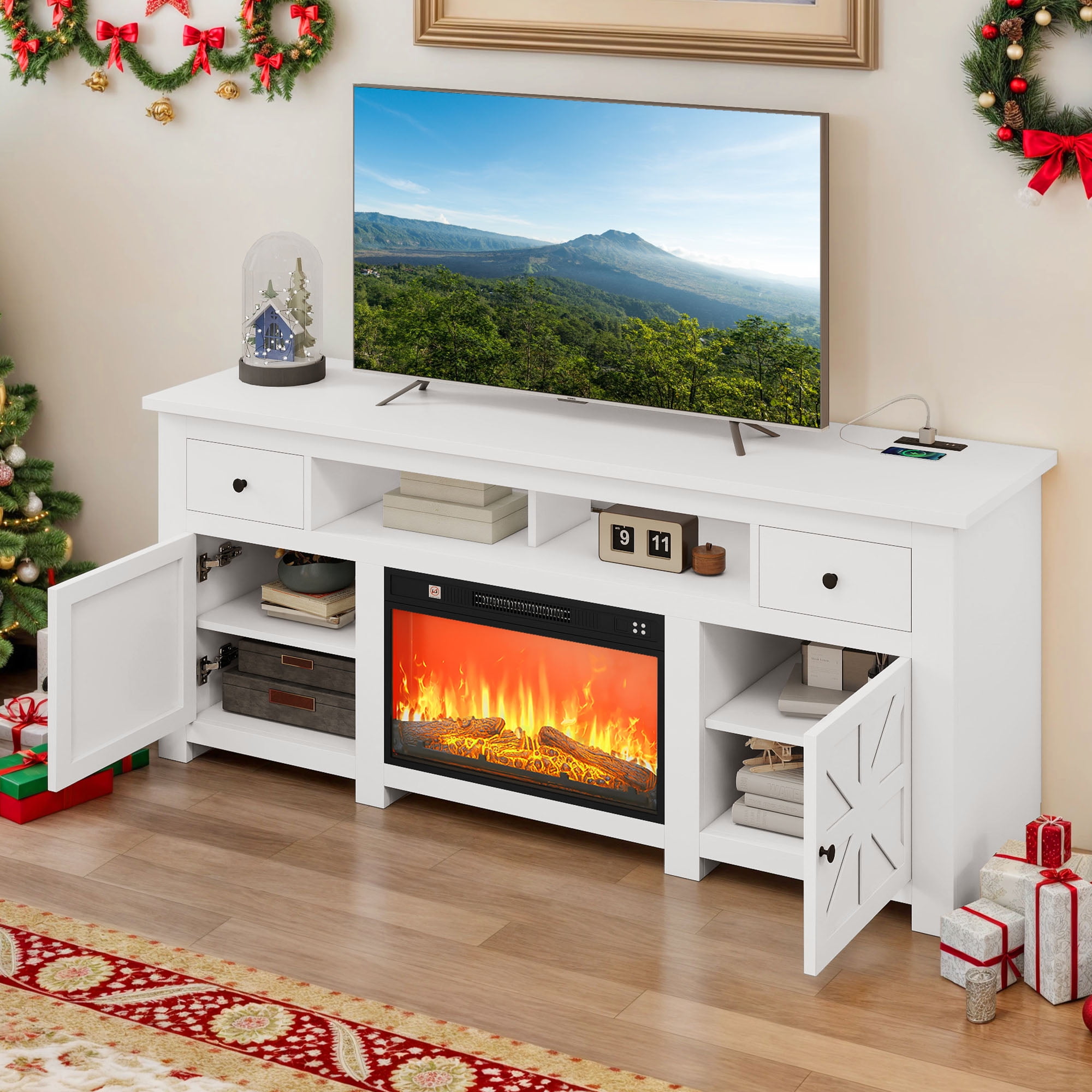 Uforic 70'' TV Stand w/ 23 Inch Electric Fireplace, Power Outlets ...