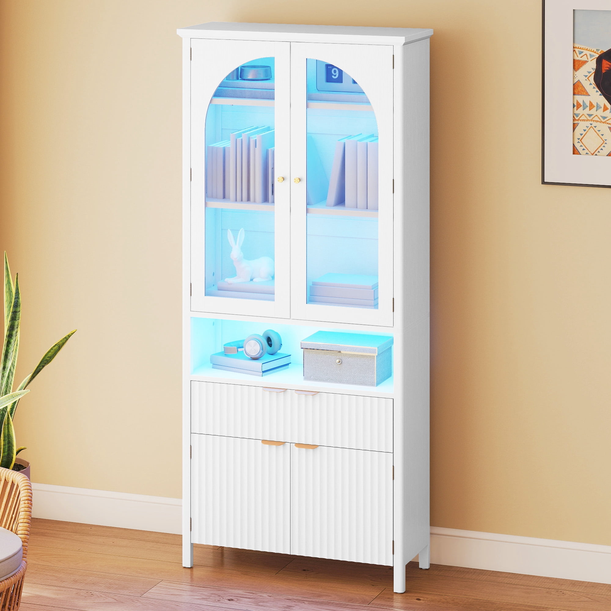 Uforic 72" Tall Bookcases with LED Light& Drawers, 6 Tier Wooden ...