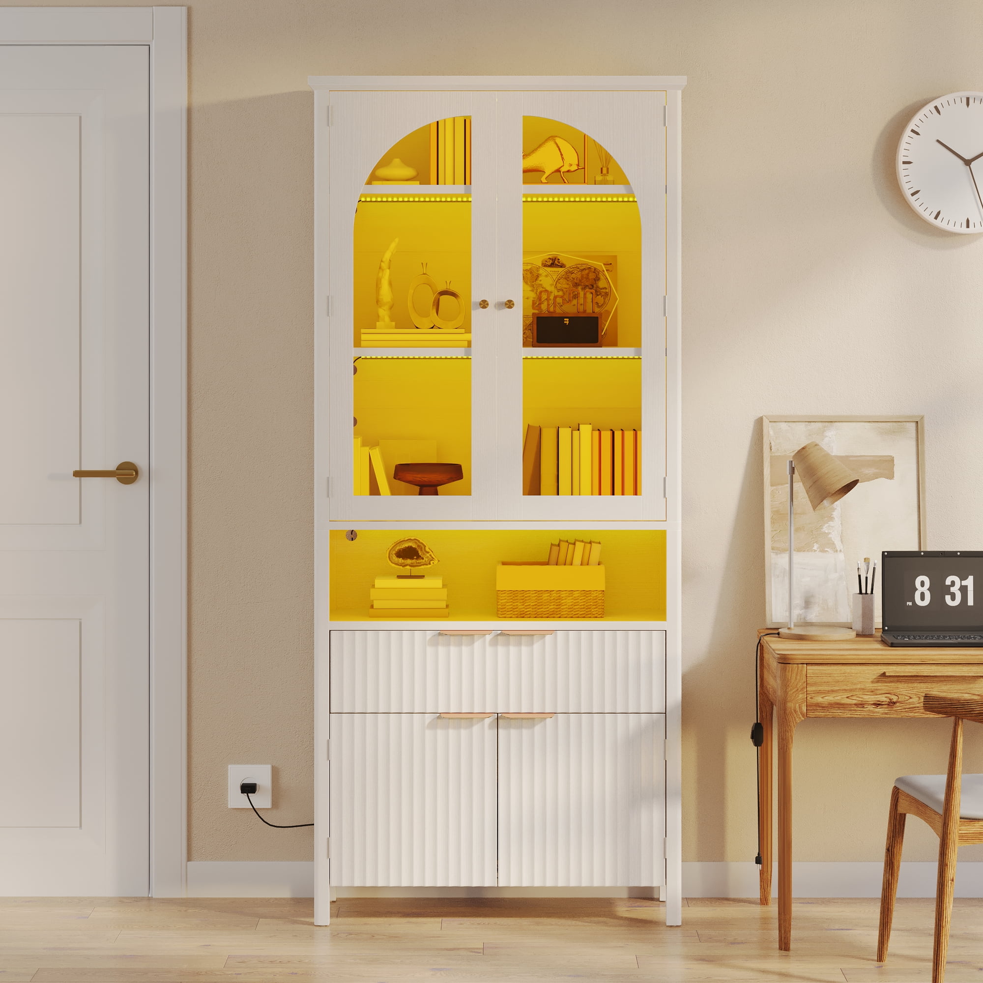 Uforic 72" Tall Bookcases with LED Light& Drawers, 6 Tier Wooden ...
