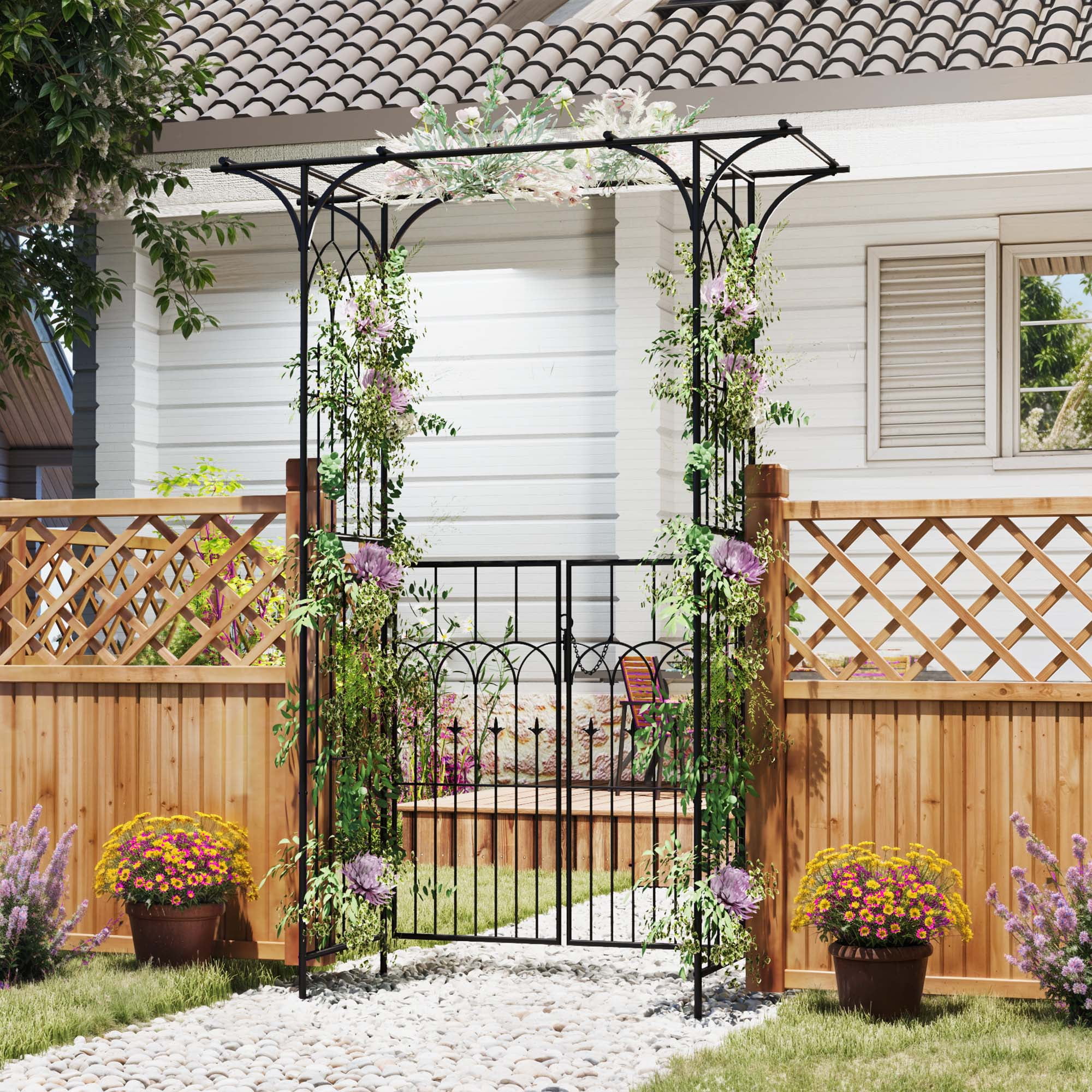 Uforic 81" H Metal Garden Arbor with Gate, Garden Arch Trellis for or ...