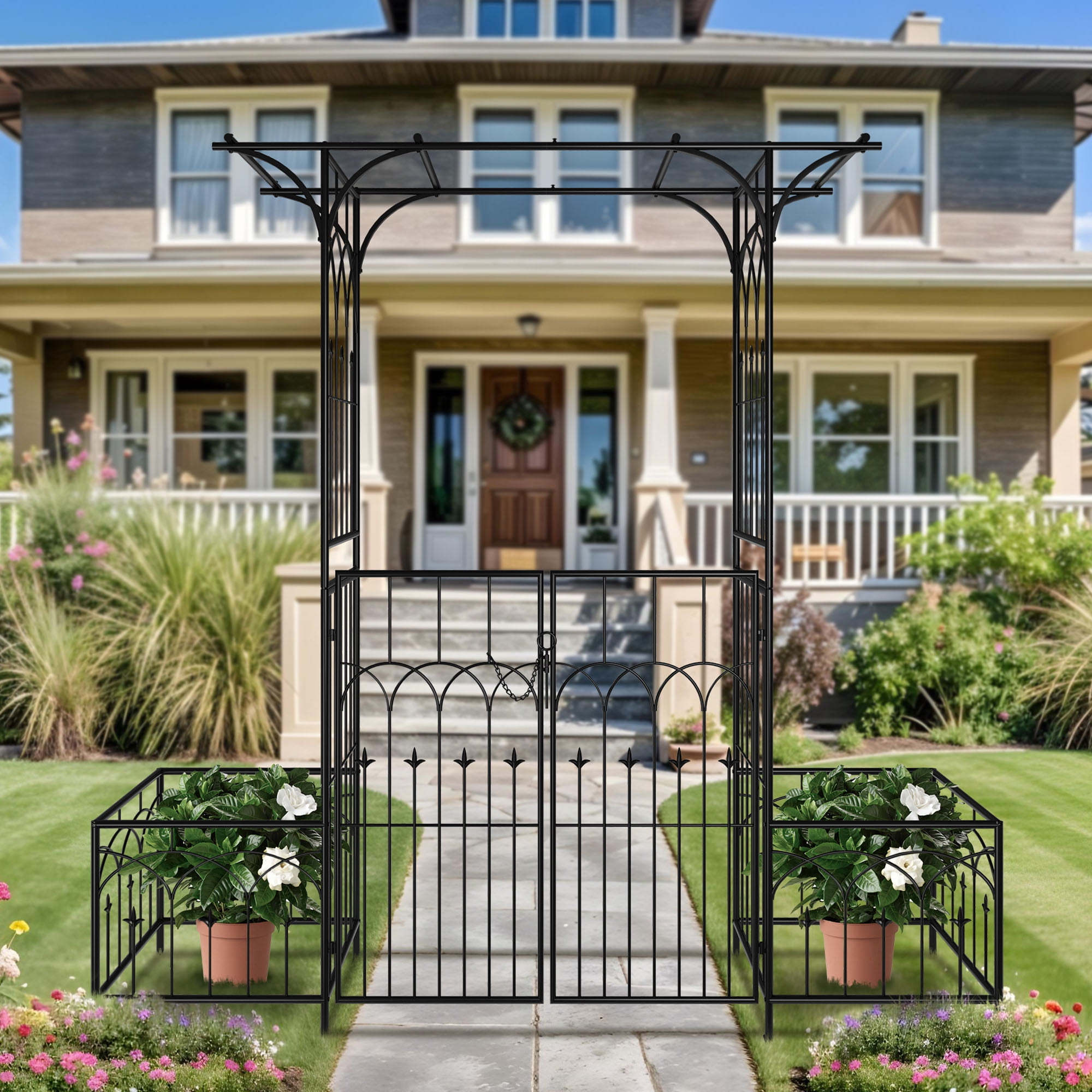 Uforic 81" H Metal Garden Trellis with Gate & Planter Boxes, Garden ...