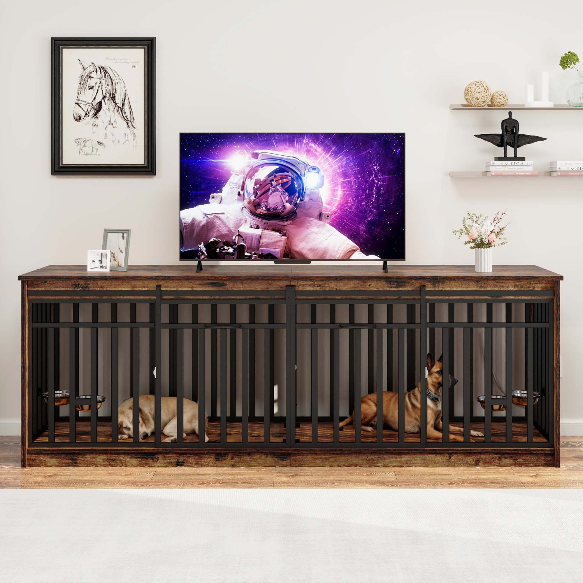 Uforic 87" Dog Crate Furniture with Dog Bowl for 2 Large Dogs,Indoor ...