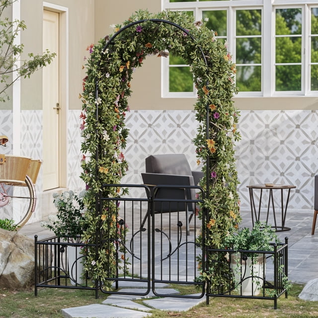 Uforic 87" Metal Garden Arbor Arch with Gate and Planter Boxes, Garden ...
