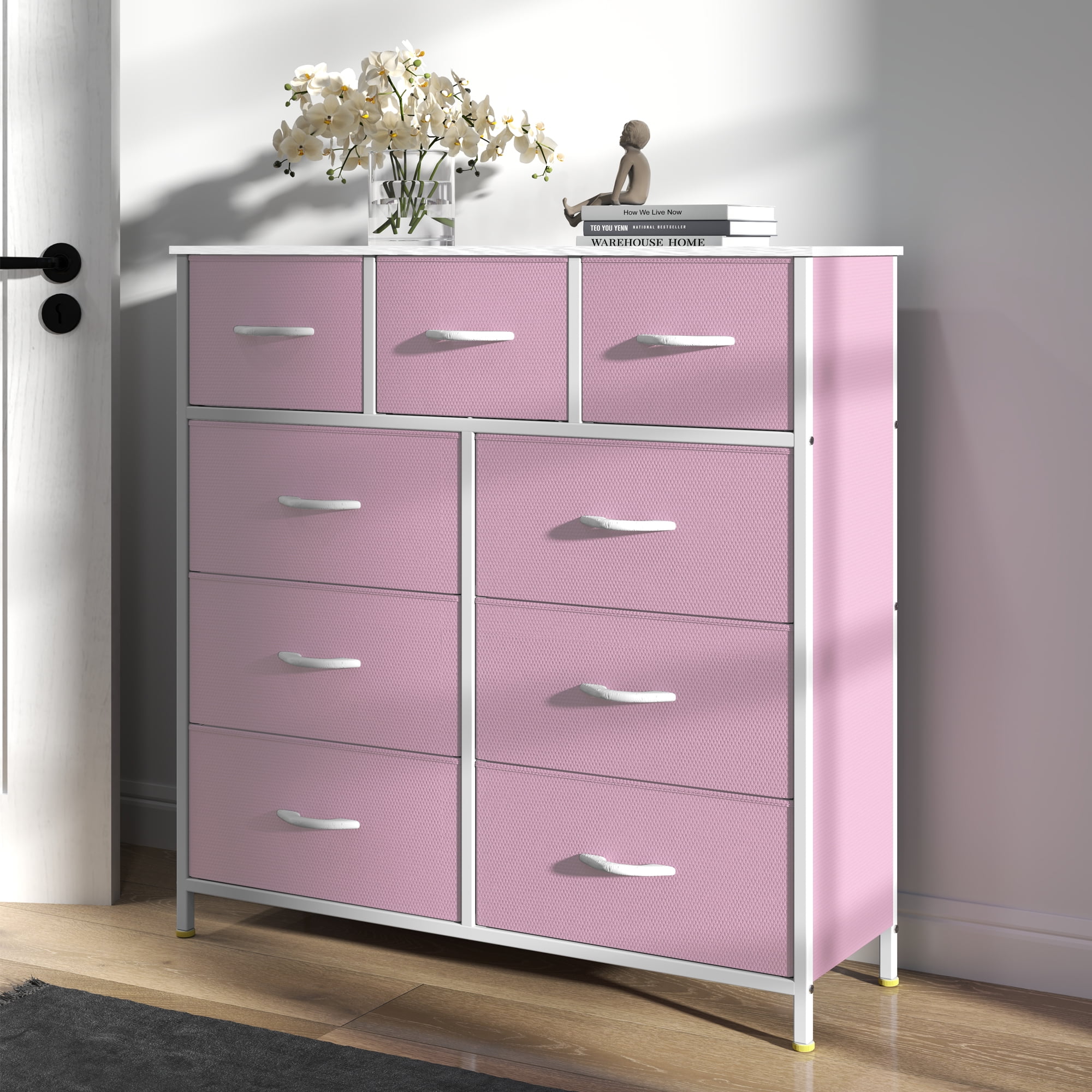 Uforic 9-Drawer Pink Fabric Dresser for Kids & Adults, Metal Frame ...
