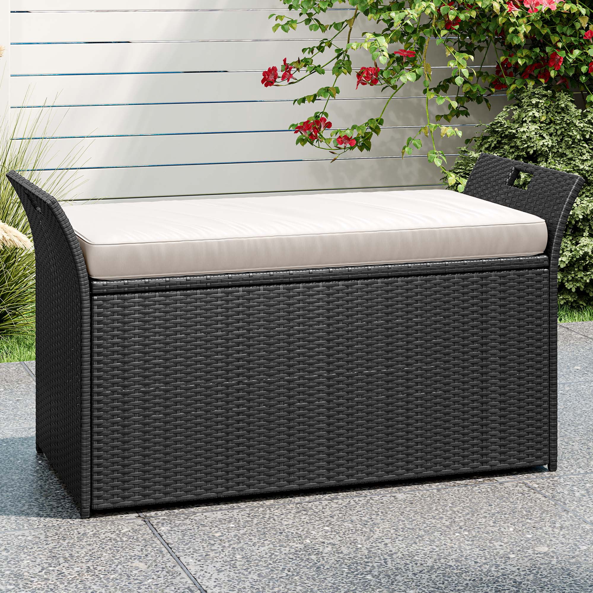 Uforic 90-Gallon Outdoor Storage Box with Cushion, Large Rattan Deck ...