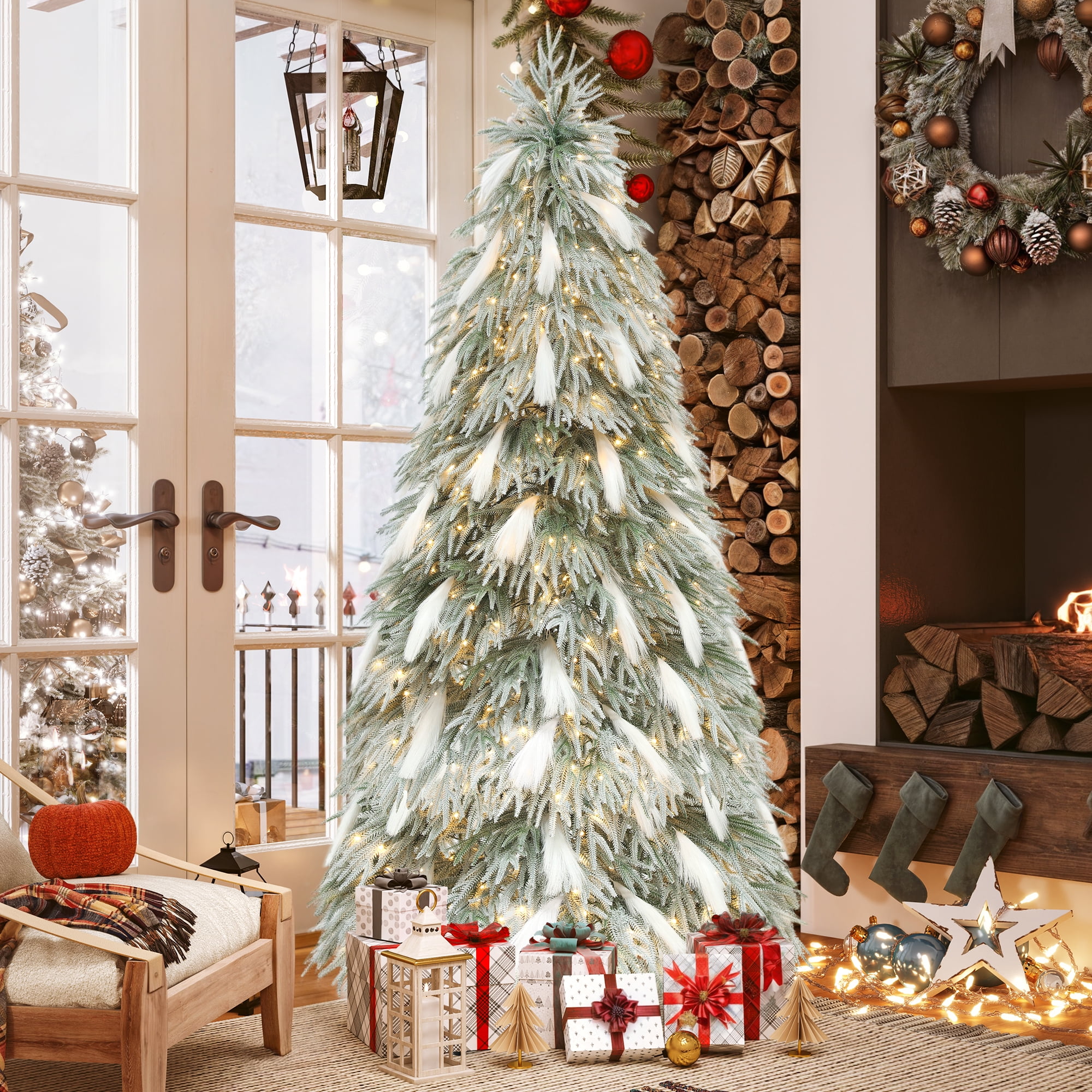 Uforic 9ft Pre-Lit Flocked Natural Drooping Pampas Christmas Tree with ...