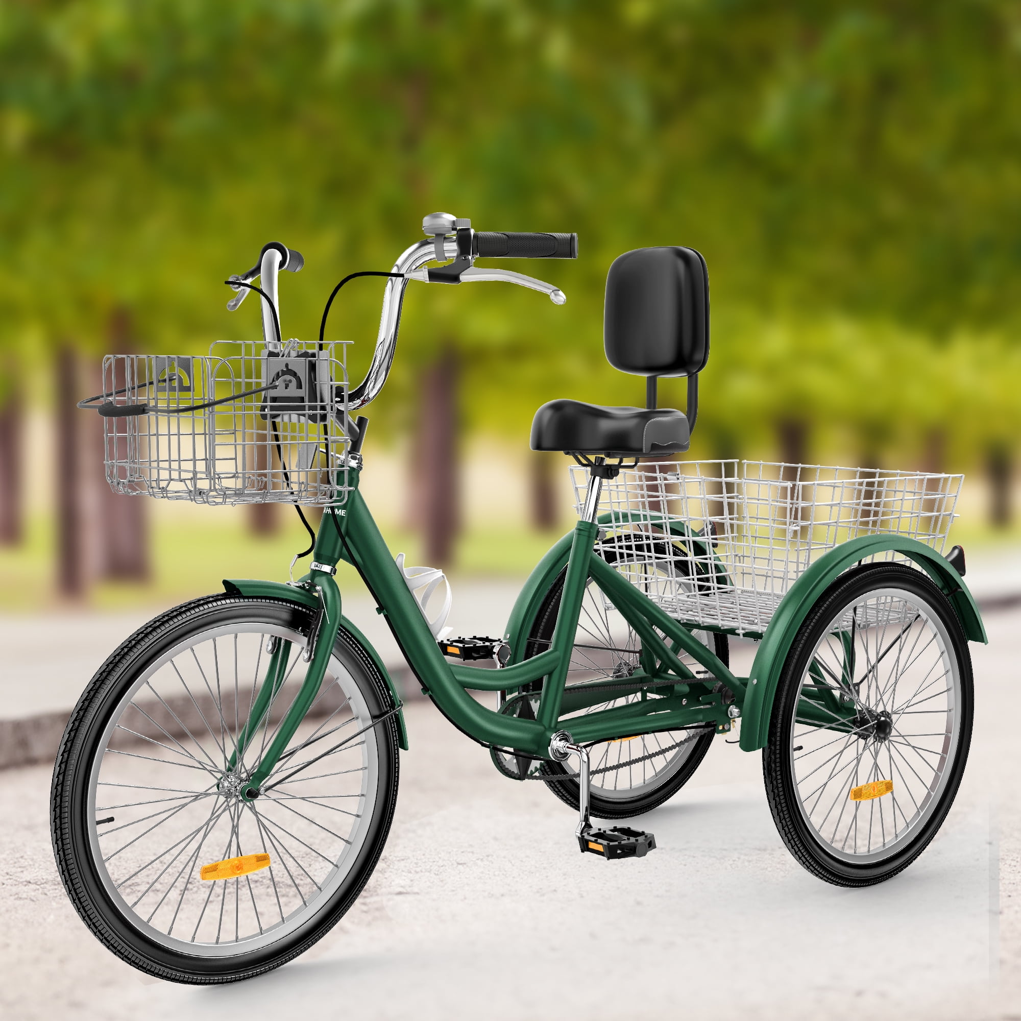 Uforic 24 inch 1 Speed 3 Wheel Adult Bikes with Removable Baskets for Shopping Picnic, Green ...