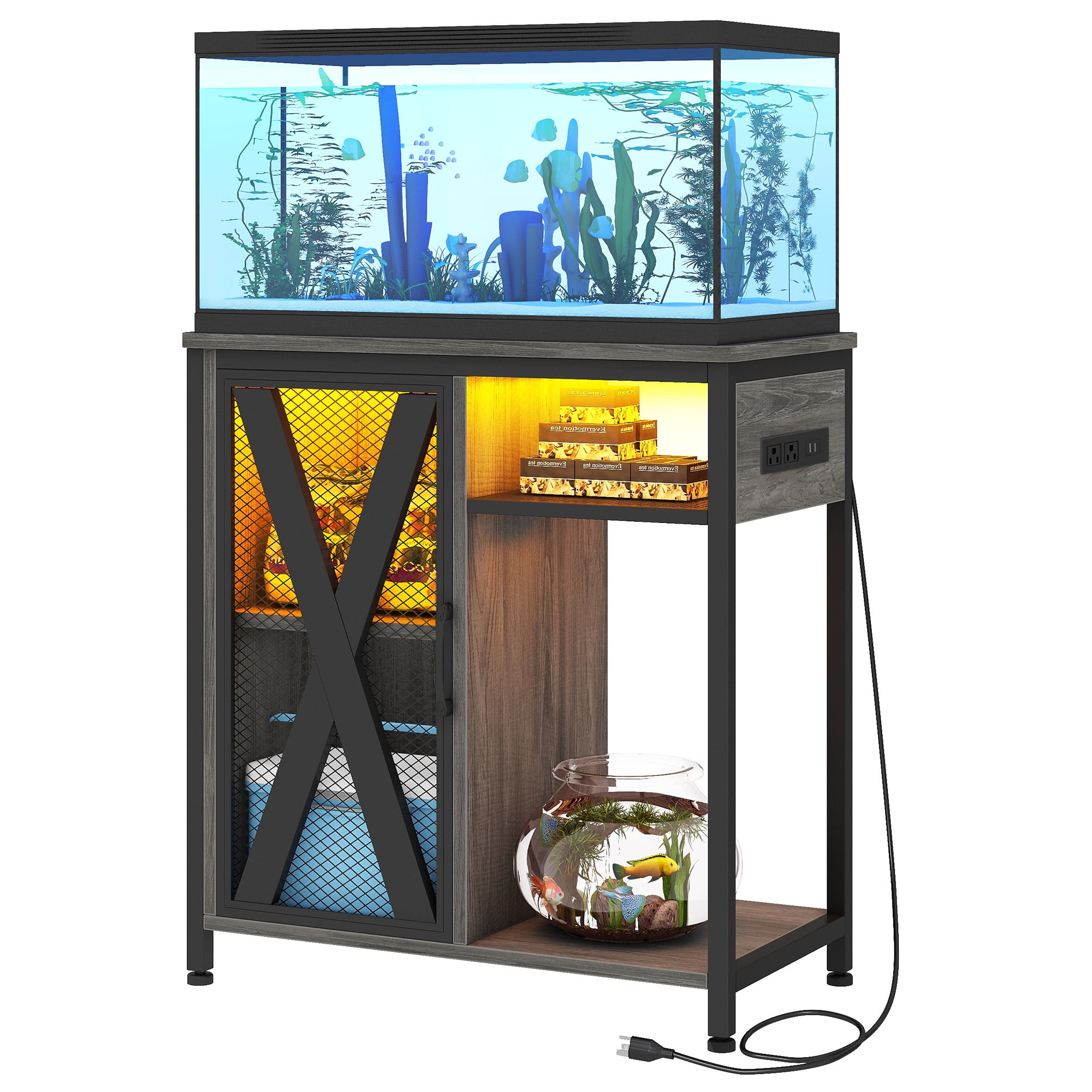 Uforic Aquarium Stand with Power Outlets & LED Light and Cabinet for 20 ...