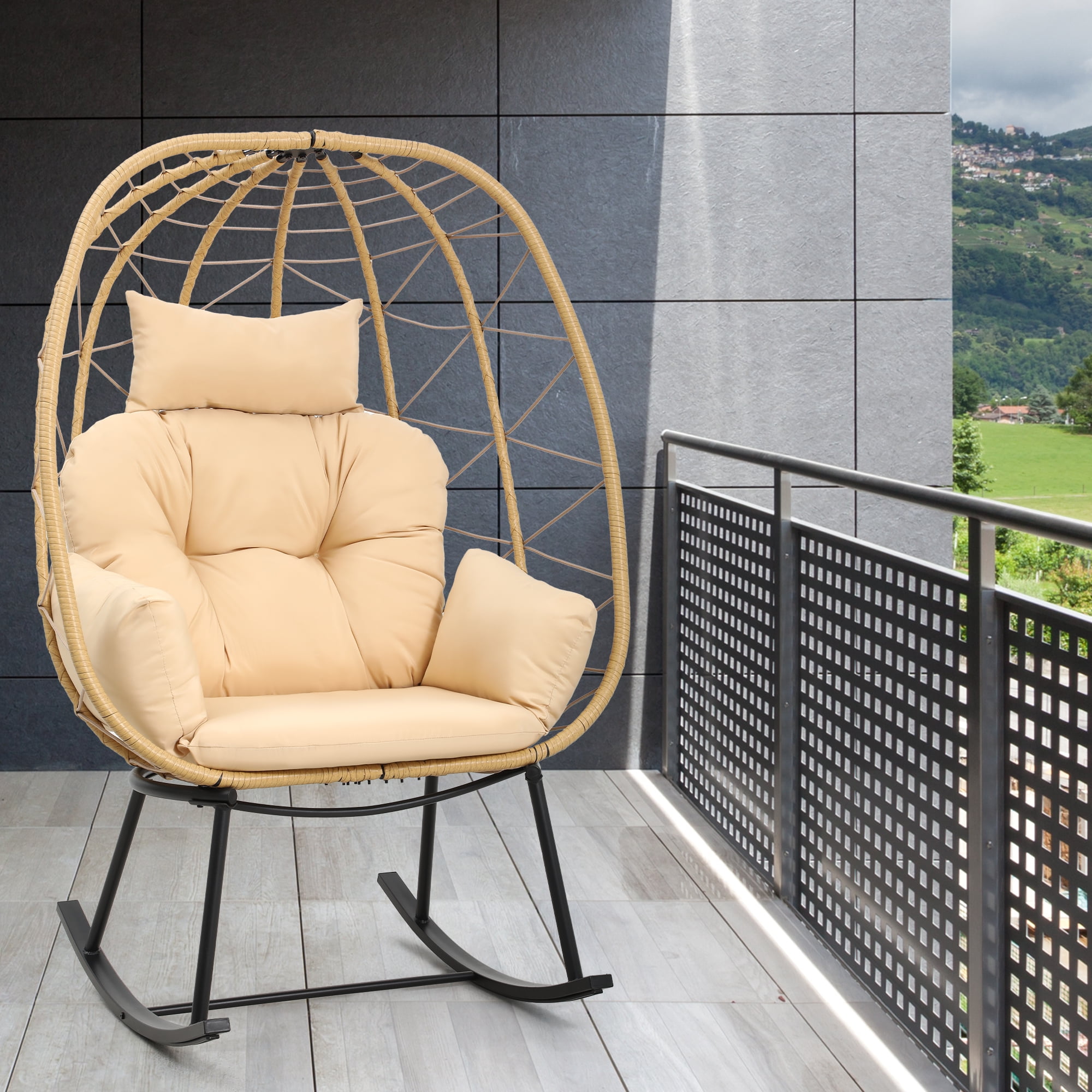 Uforic Beige Outdoor Wicker Rocking Egg Chair, Cushioned Relaxation ...