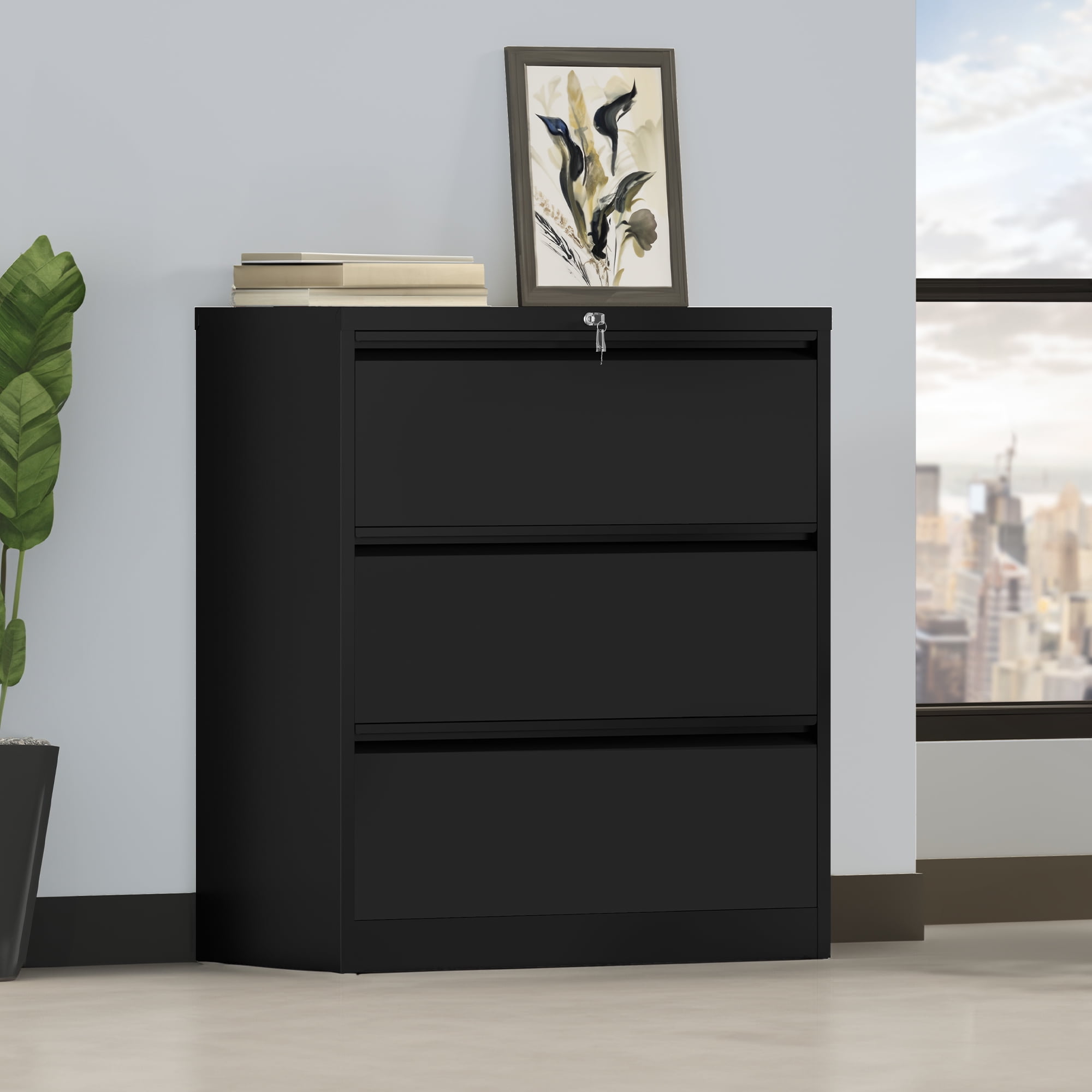 Uforic Black 3-Drawer Lateral File Cabinet with Lock, Wide Metal ...