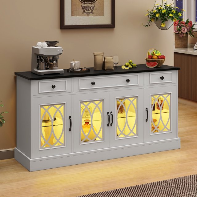 Uforic Buffet Cabinet with LED, 3 Drawers & Tempered Glass Shelves for ...