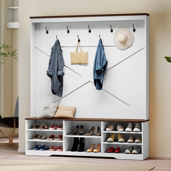 Uforic Coat Rack with 9 Hooks &Bottom Shoe Cabinet, Farmhouse Hall Tree ...