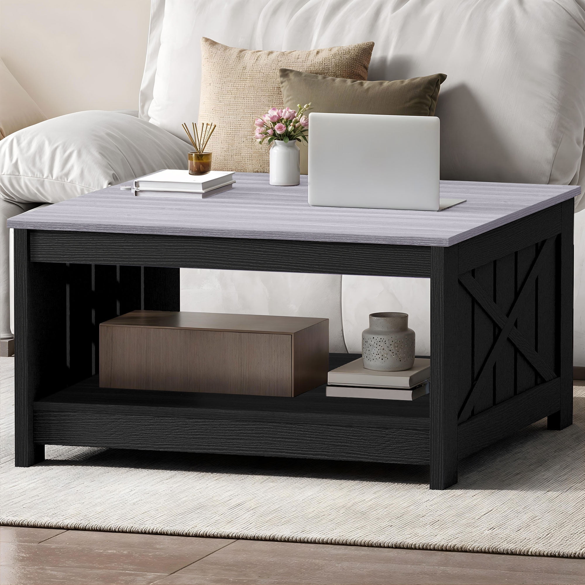 Uforic Coffee Table with Storage Shelf for Living Room, Farmhouse ...