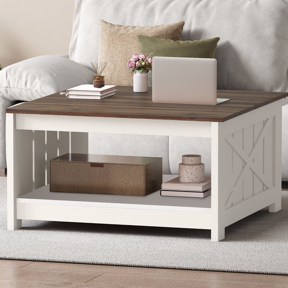 Uforic Coffee Table with Storage Shelf for Living Room, Farmhouse ...
