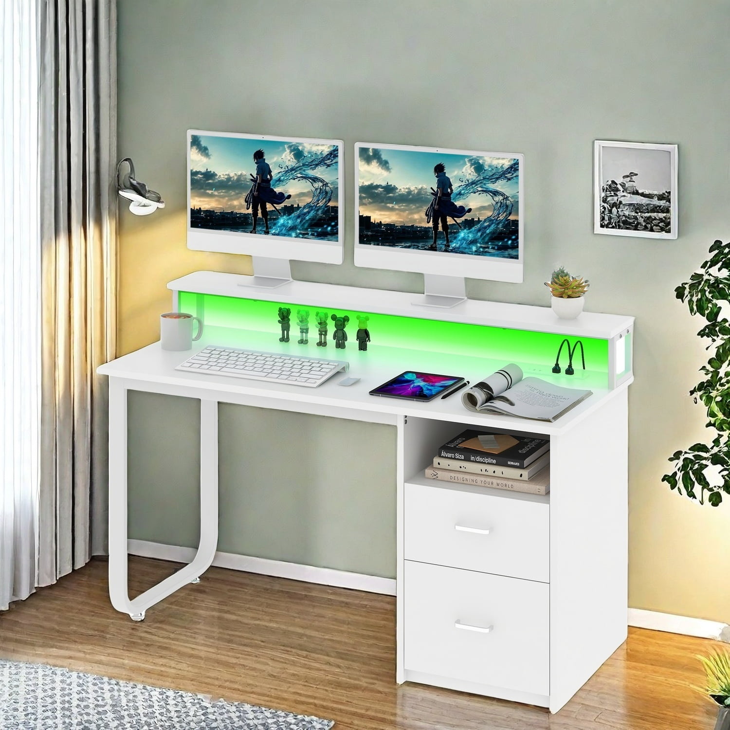 Uforic Computer Desk With LED Light & 2 Drawers, 47" Modern Office Desk ...