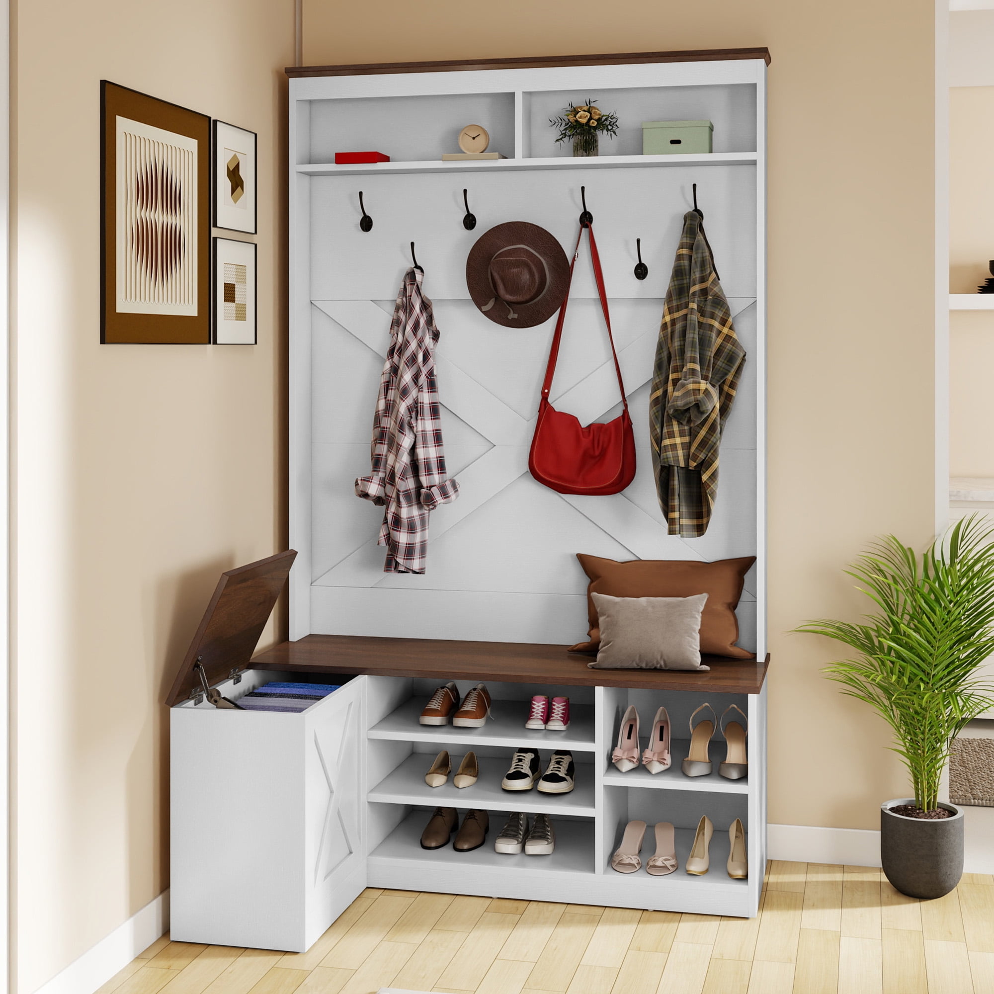 Uforic Corner Coat Rack with 7 Hooks& Bottom Shoe Cabinet, L Shape Hall ...