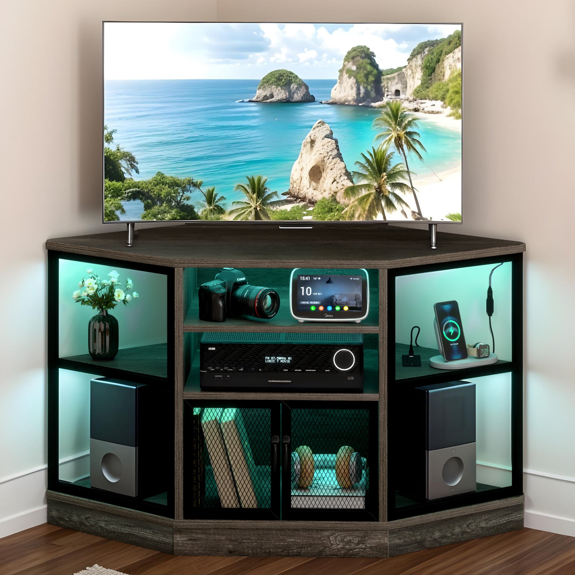 Uforic Corner TV Stand for TVs up to 55" - LED Lit Entertainment Center ...