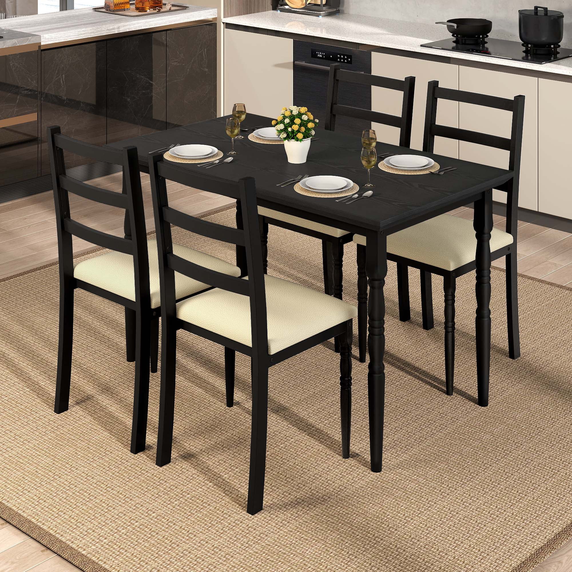 Uforic Dining Table Set for 4, Modern 5 Piece Rectangular Table Set with 4 Upholstered Chairs ...