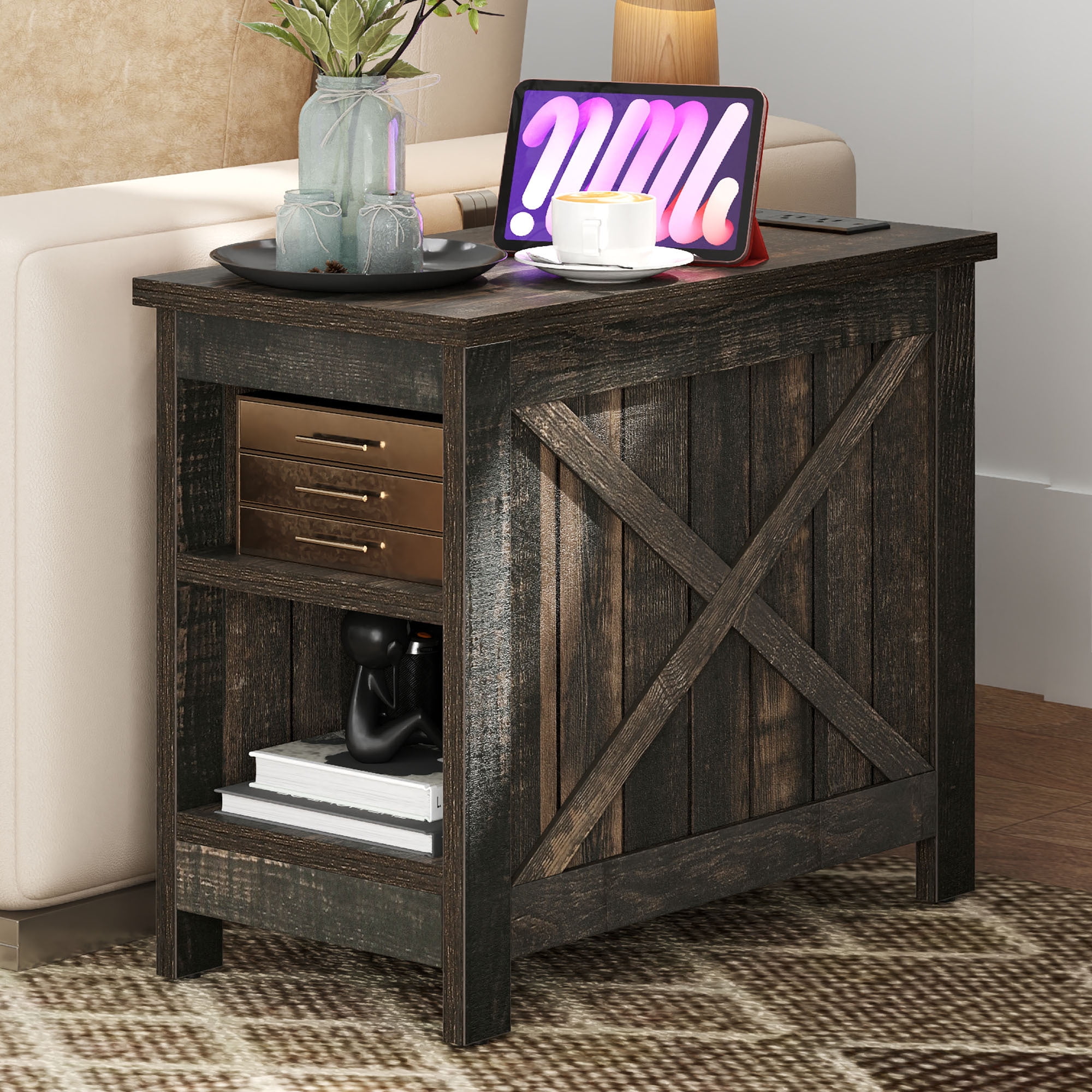 Free Shipping! Uforic Rustic Wood End Table with Charging Station ...