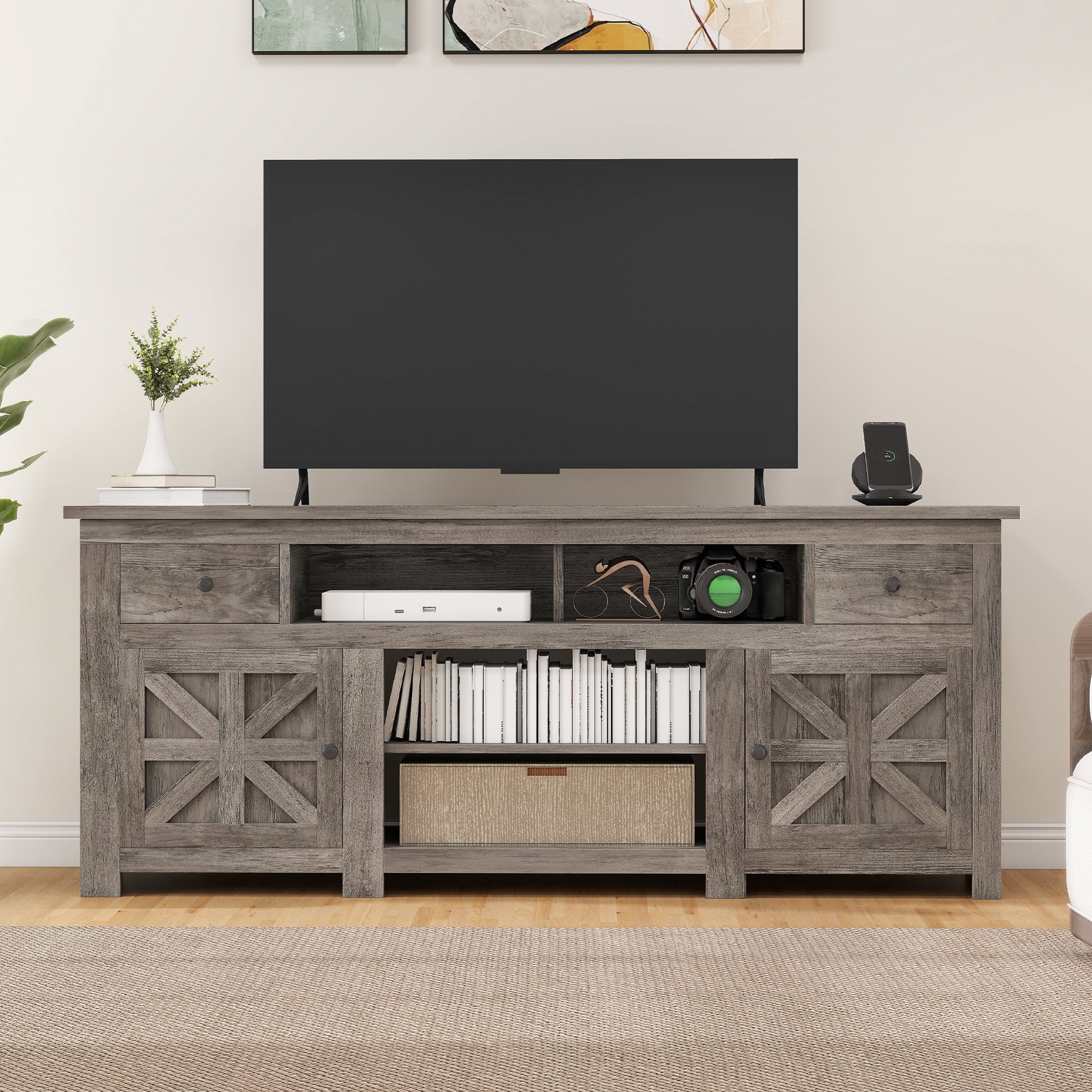 Uforic 70'' Farmhouse TV Stand with 2 Shelves, Suitable for TVs up to ...