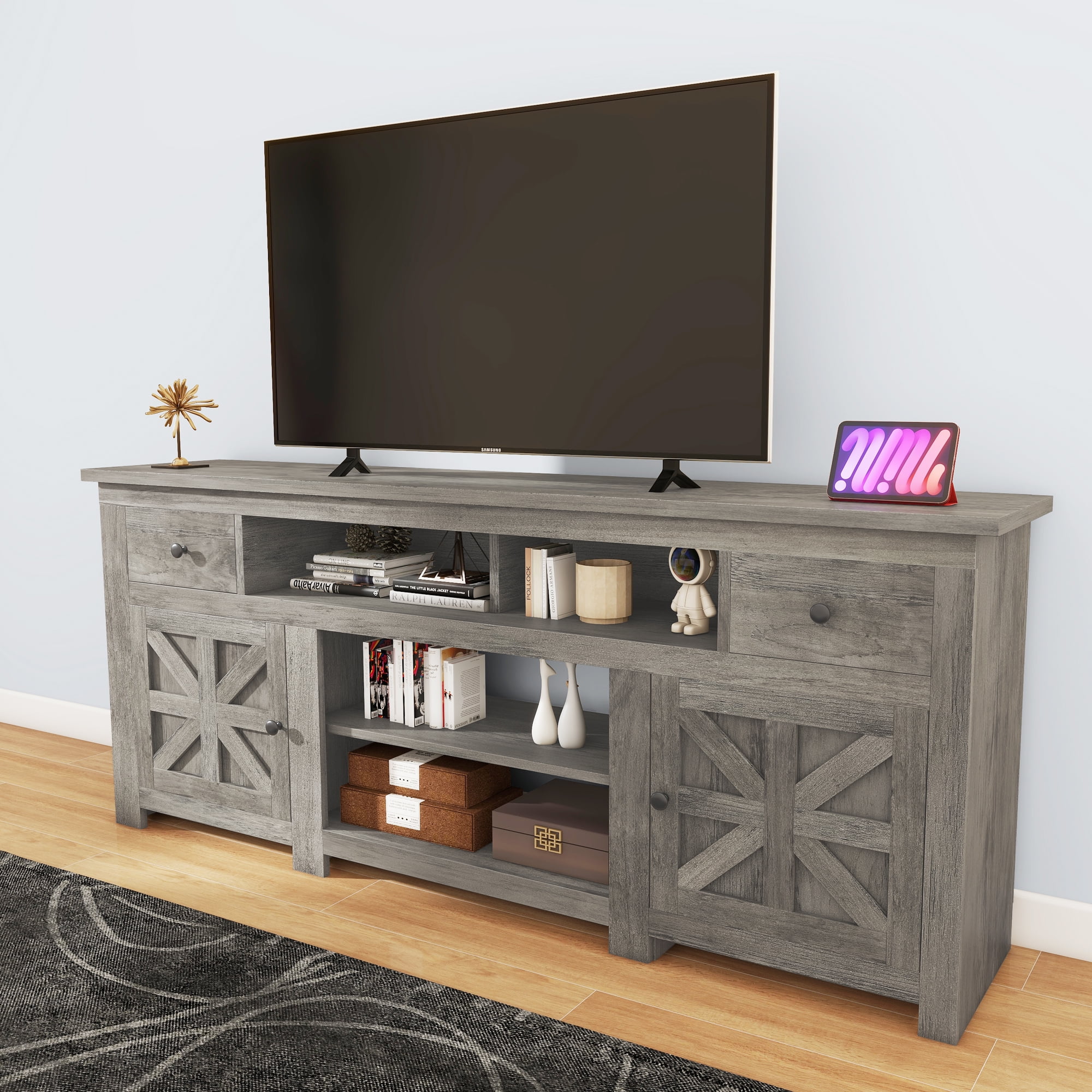 Uforic 70'' Farmhouse TV Console with 2 Shelves, Suitable for up to 80 ...