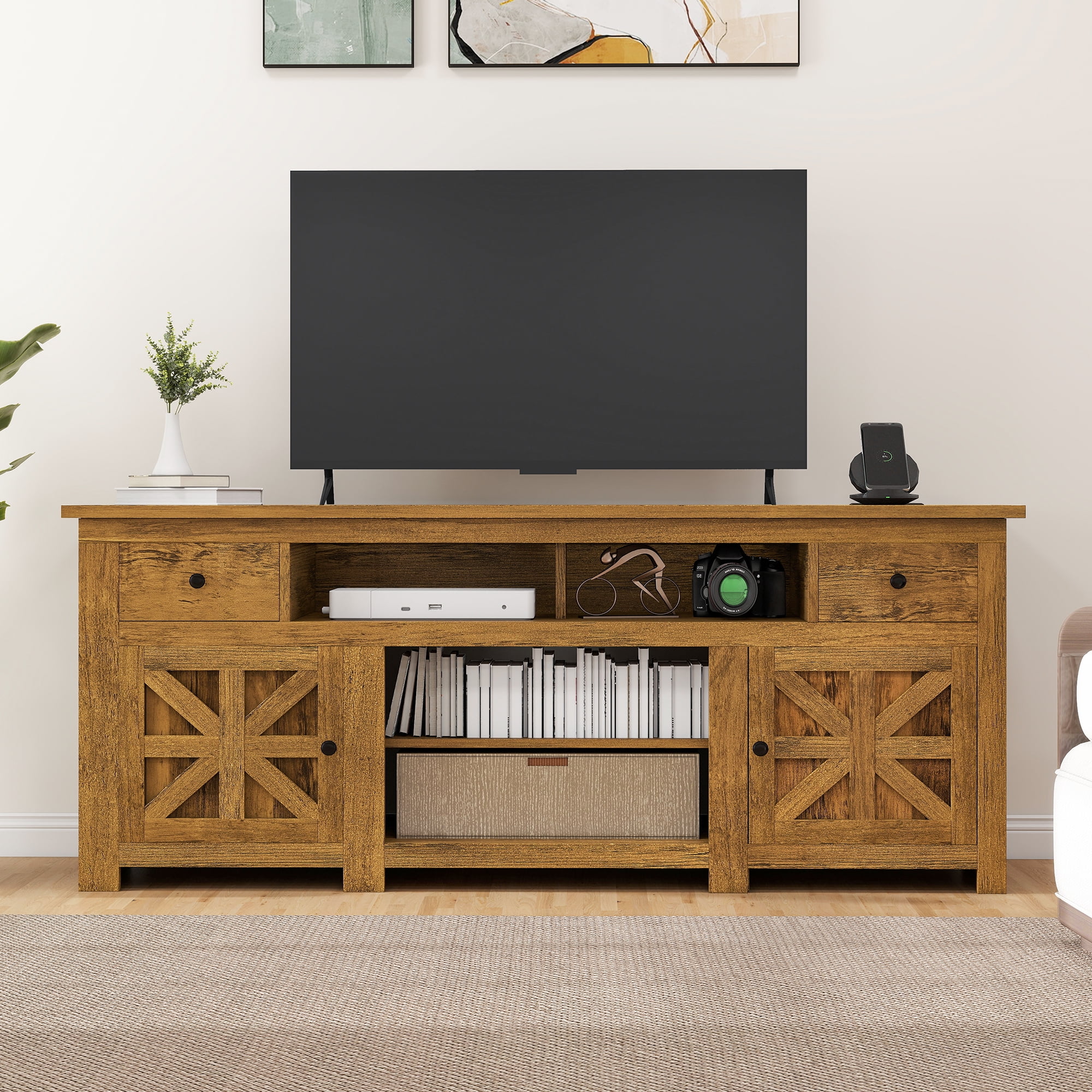 Uforic 70'' Farmhouse Television Stands with 2 Shelves, Suitable for up ...