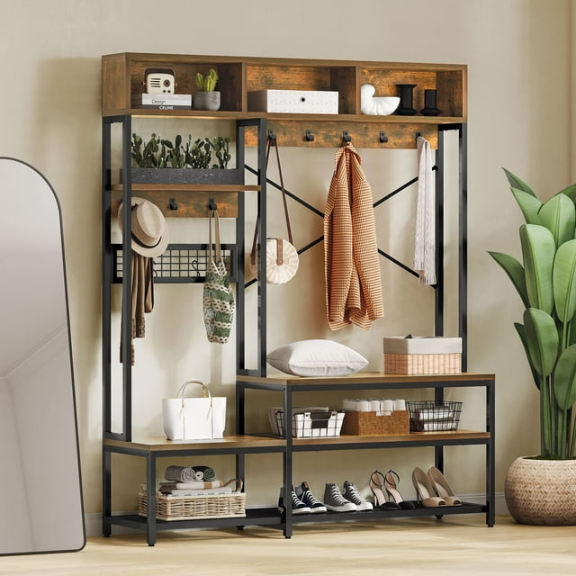 Uforic Farmhouse Coat Rack with Shoe Bench, 5-in-1 Entryway Hall Tree ...