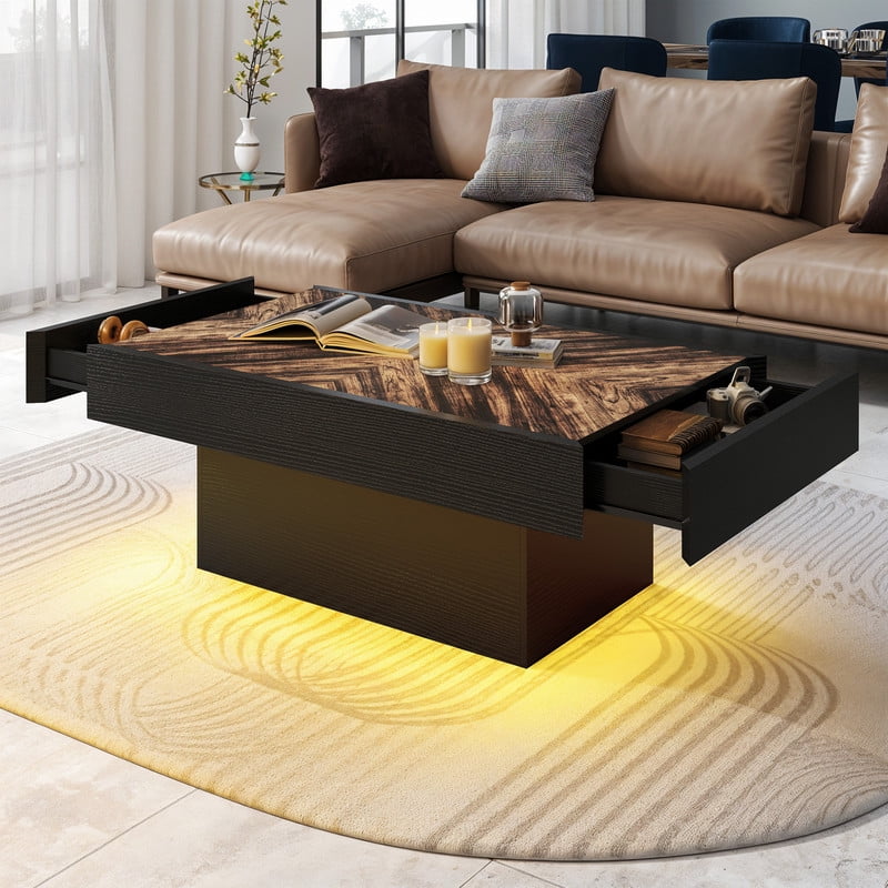 Uforic Farmhouse Coffee Table with 2 Drawers, LED Center Table with ...