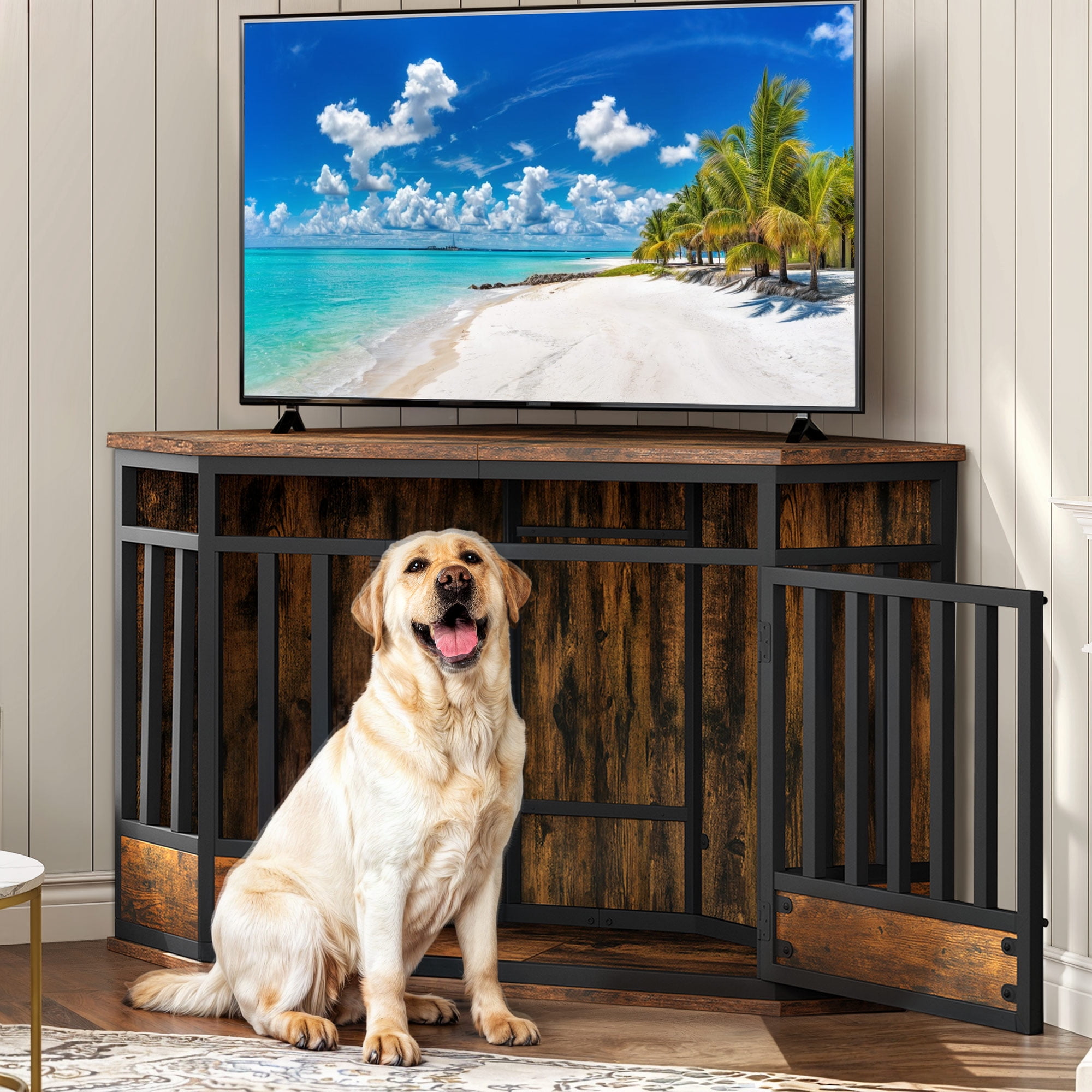 Uforic Farmhouse Corner TV Stand for TVs up to 55 inch With Wood Corner ...