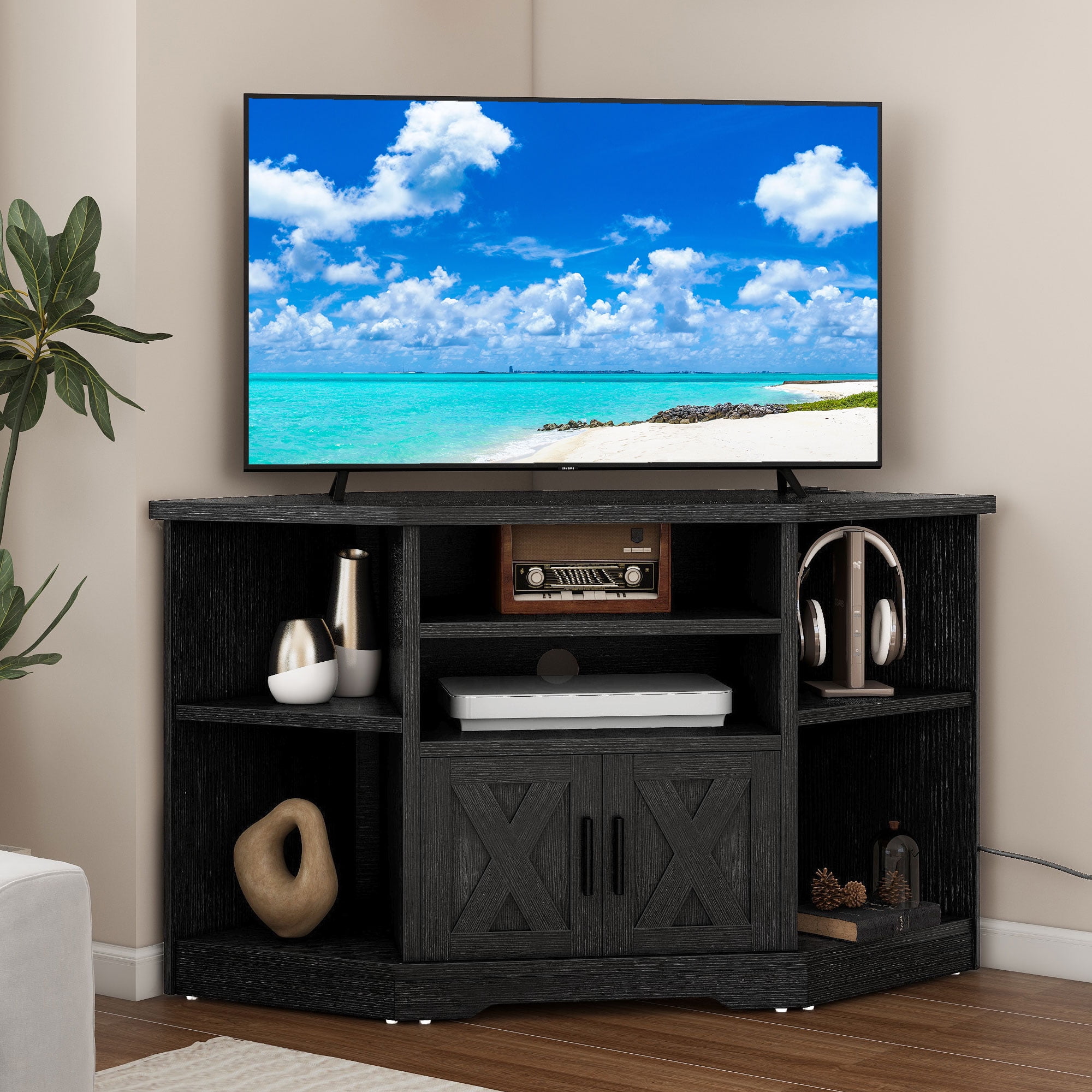 Uforic Farmhouse Corner TV Stand for TVs up to 55 inch with Power Outlet Wood Entertainment Center with Storage Black
