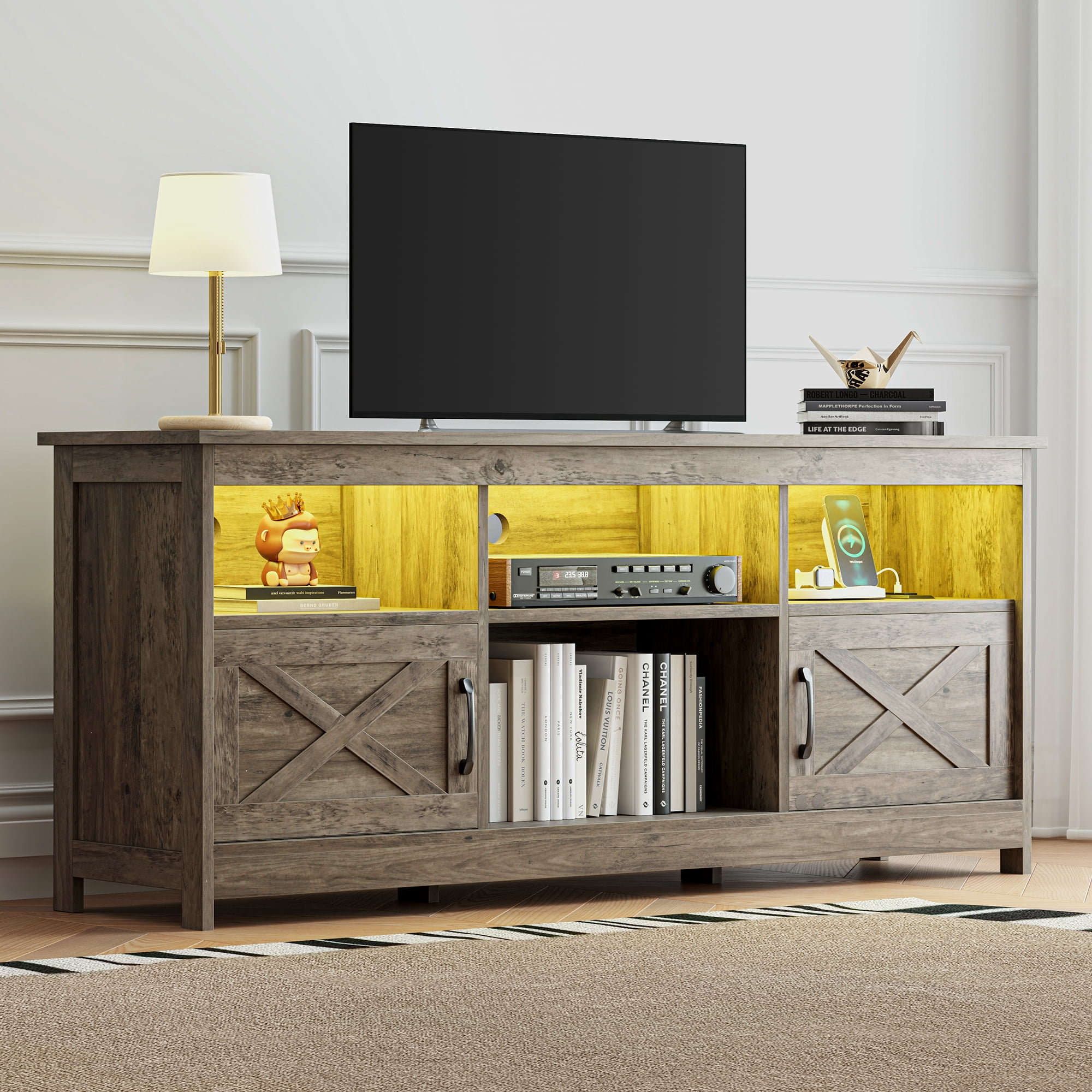 Uforic Farmhouse-Inspired TV Stand with Power Outlet, LED-Lit Media ...