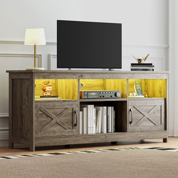 Uforic Farmhouse-Inspired TV Stand with Power Outlet, LED-Lit Media ...