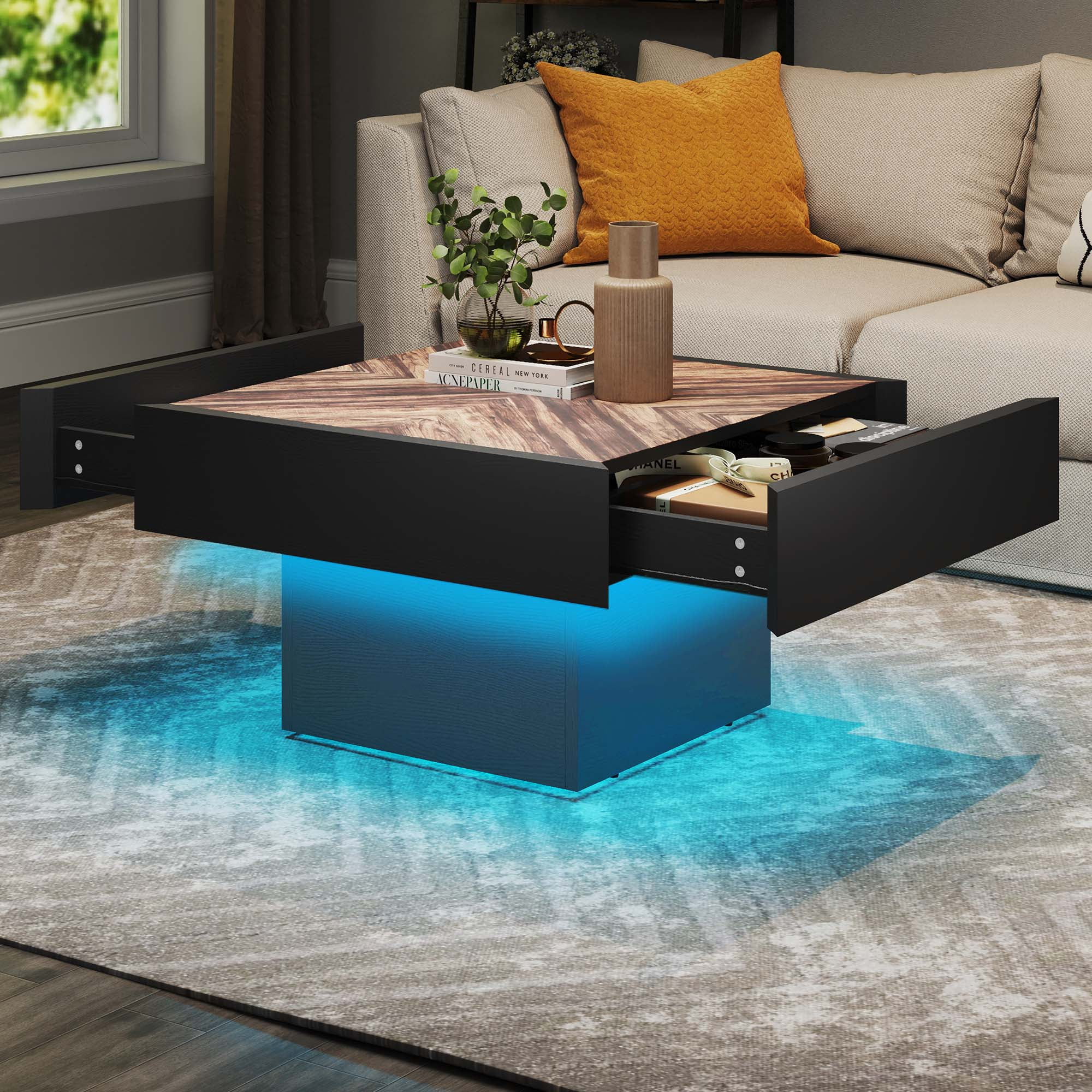 Free Shipping! Uforic Farmhouse LED Coffee Table with Storage Drawers ...