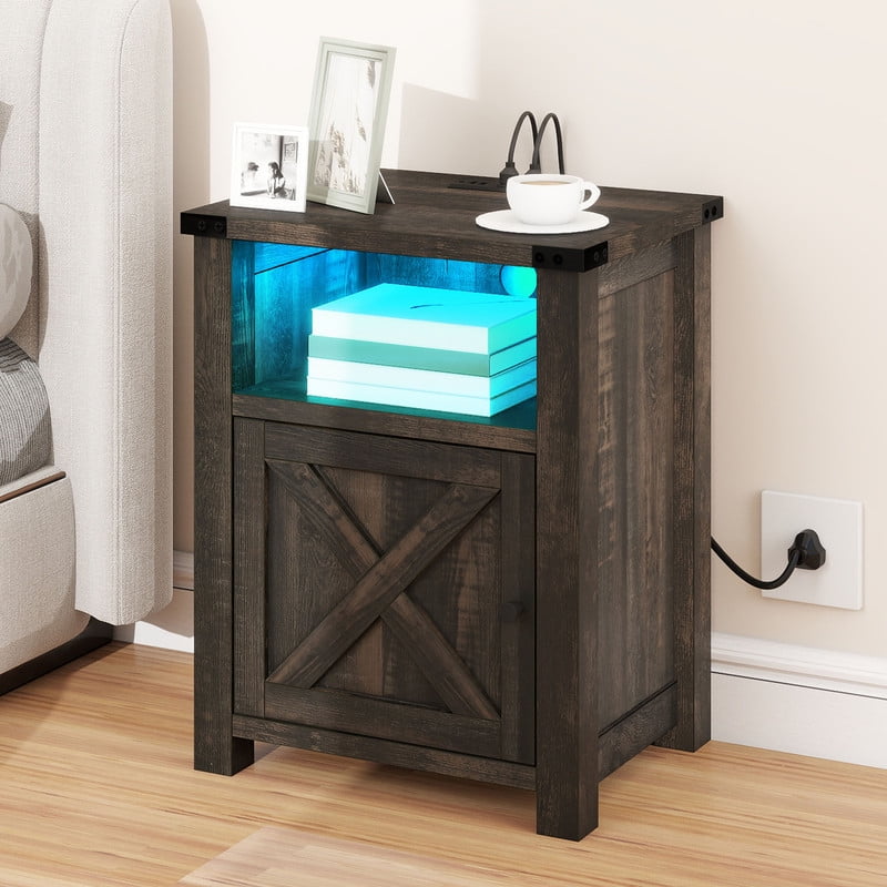 Free Shipping! Uforic Farmhouse LED Nightstand with Charging Station, Rustic Oak, Small Side ...