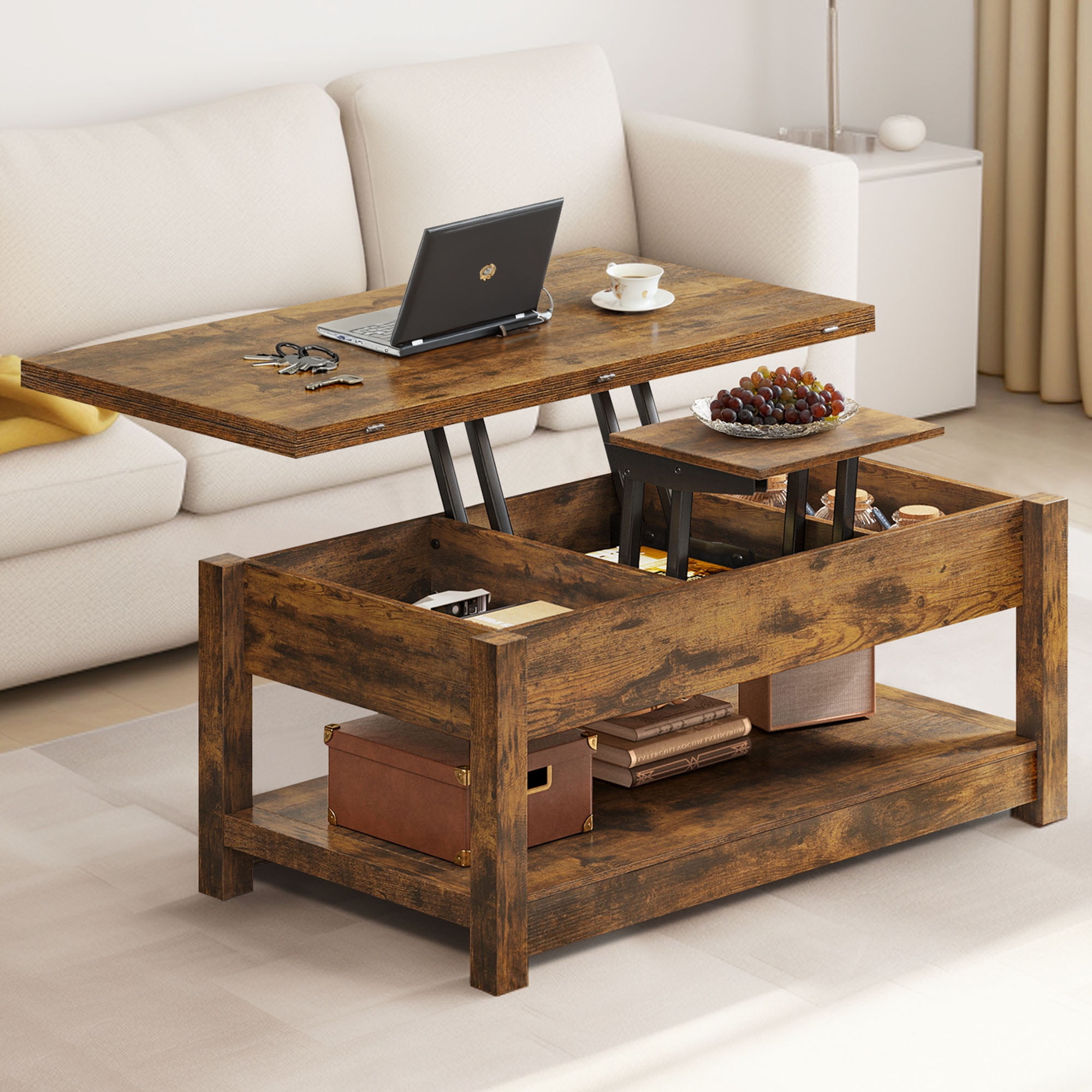 Uforic Farmhouse Lift Top Coffee Table with Storage, Brown Finish ...