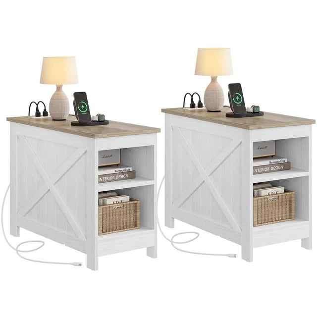 Uforic Farmhouse Nightstands Set of 2, End Table Side Table with Storage & Charging Station ...