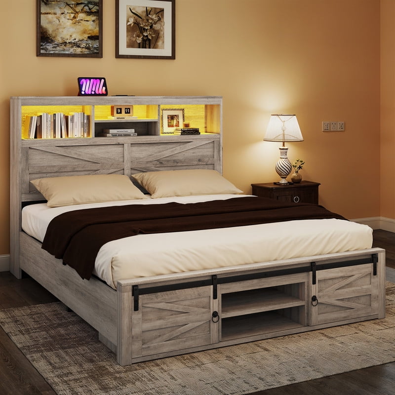 Uforic Farmhouse Queen Size Bed Frame with Storage Bookcase Headboard ...