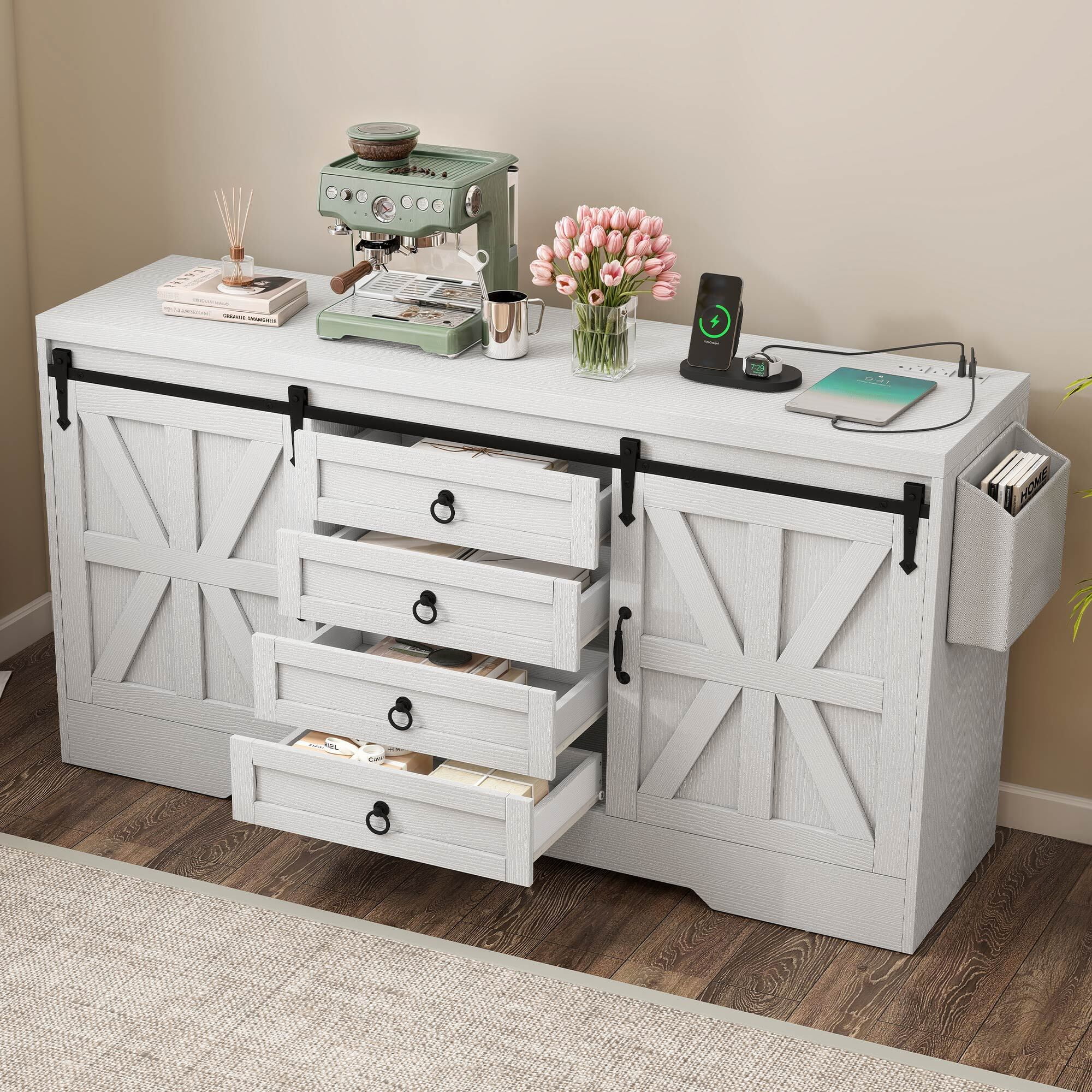 Uforic Farmhouse Sideboard with Barn Doors & Power Outlets, Kitchen ...