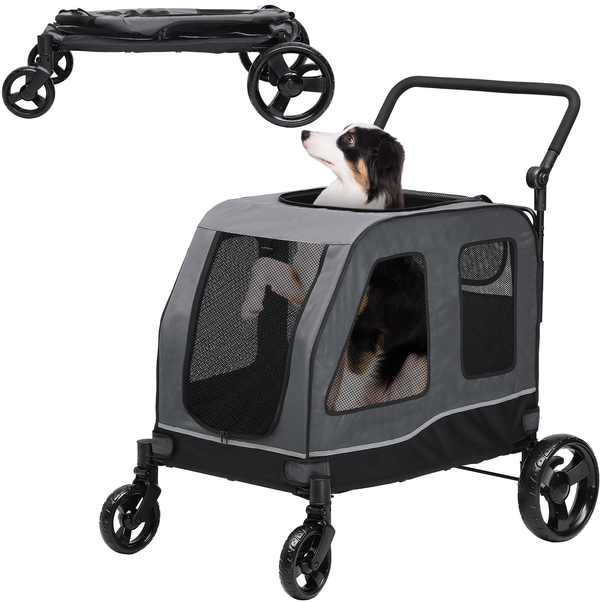 Uforic Foldable Dog Stroller, 4-Wheel Pet Stroller with Dual-Entry ...