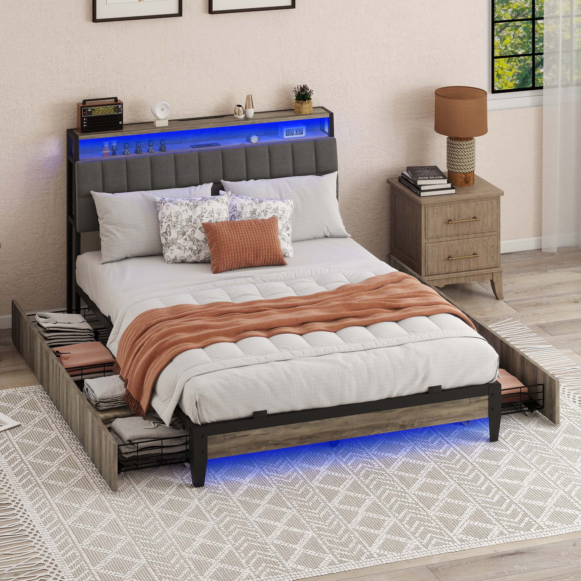 Uforic Full Size LED Bed Frame wit 4 Storage Drawers, Upholstered ...